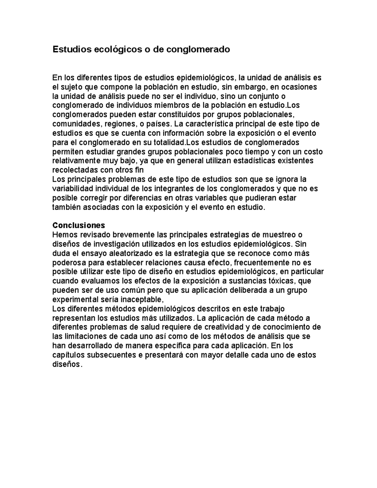 Epidemiología - Resumen de Estudios Ecológicos y Conglomerados - Studocu