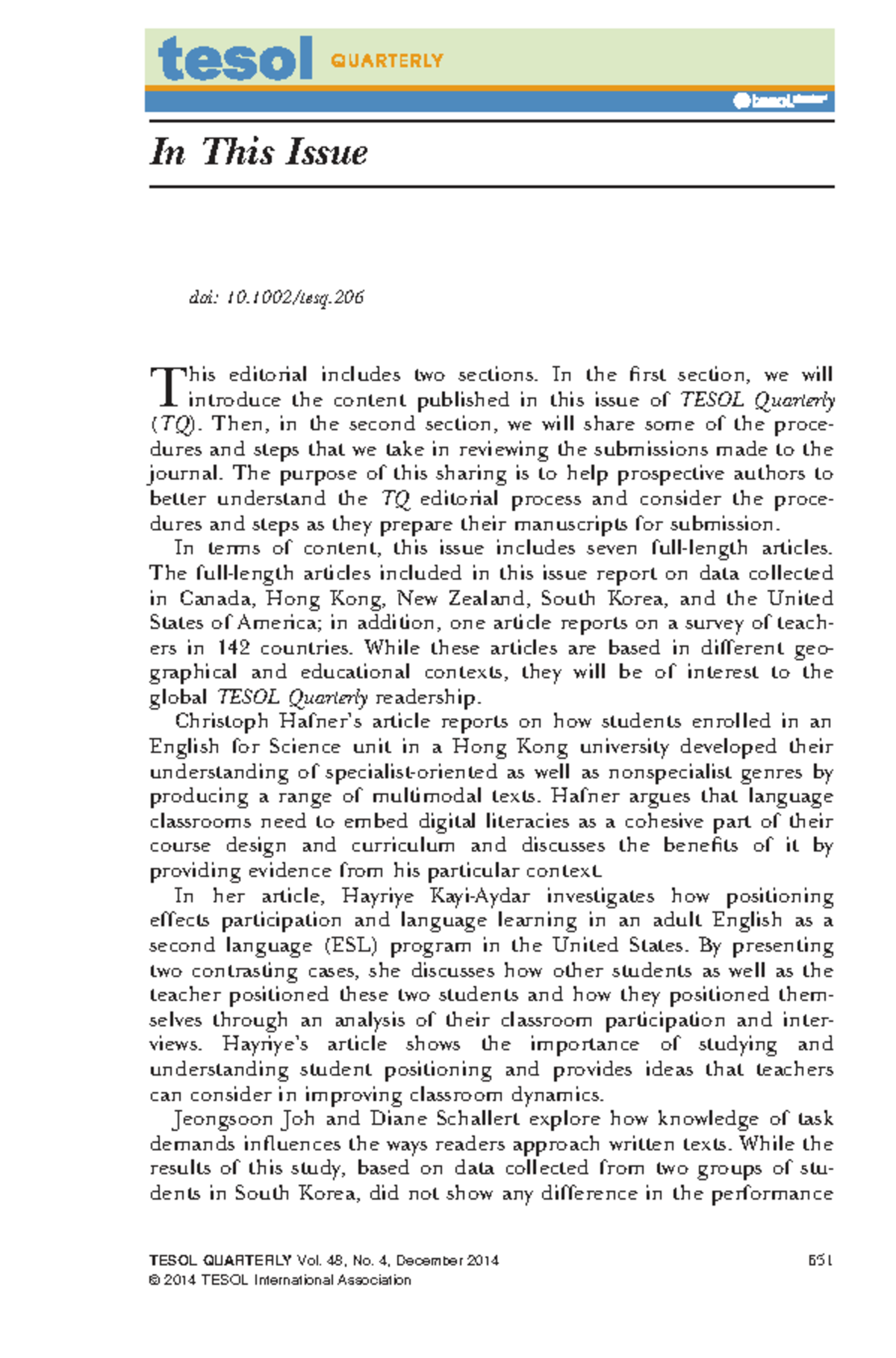 TESOL Quarterly Vol. 48 No. 4 Editorial Overview and Article Summaries ...