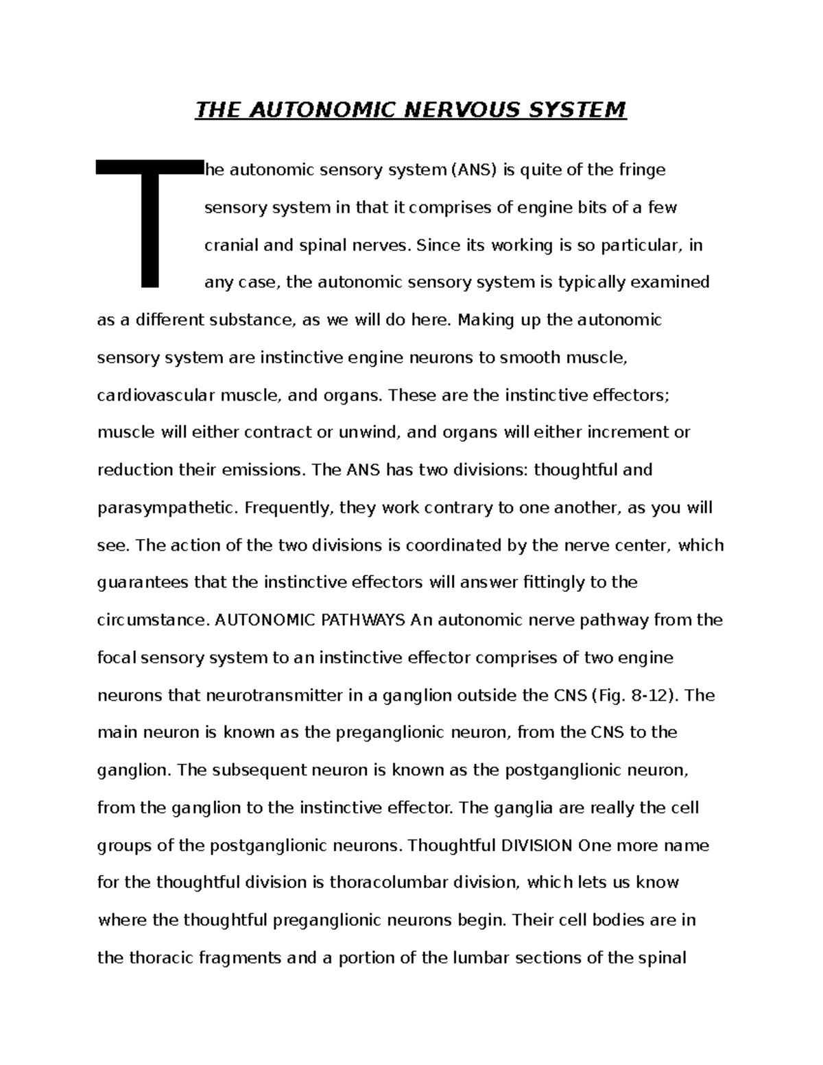Lecture Notes ON THE Autonomic Nervous System Short Midterm Class 2012 ...