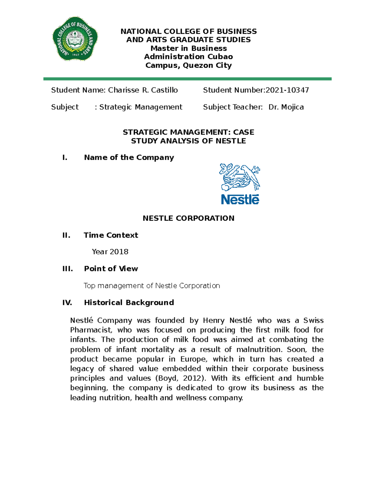 Nestle Corporation - Strategic Management Case Study Analysis - Studocu
