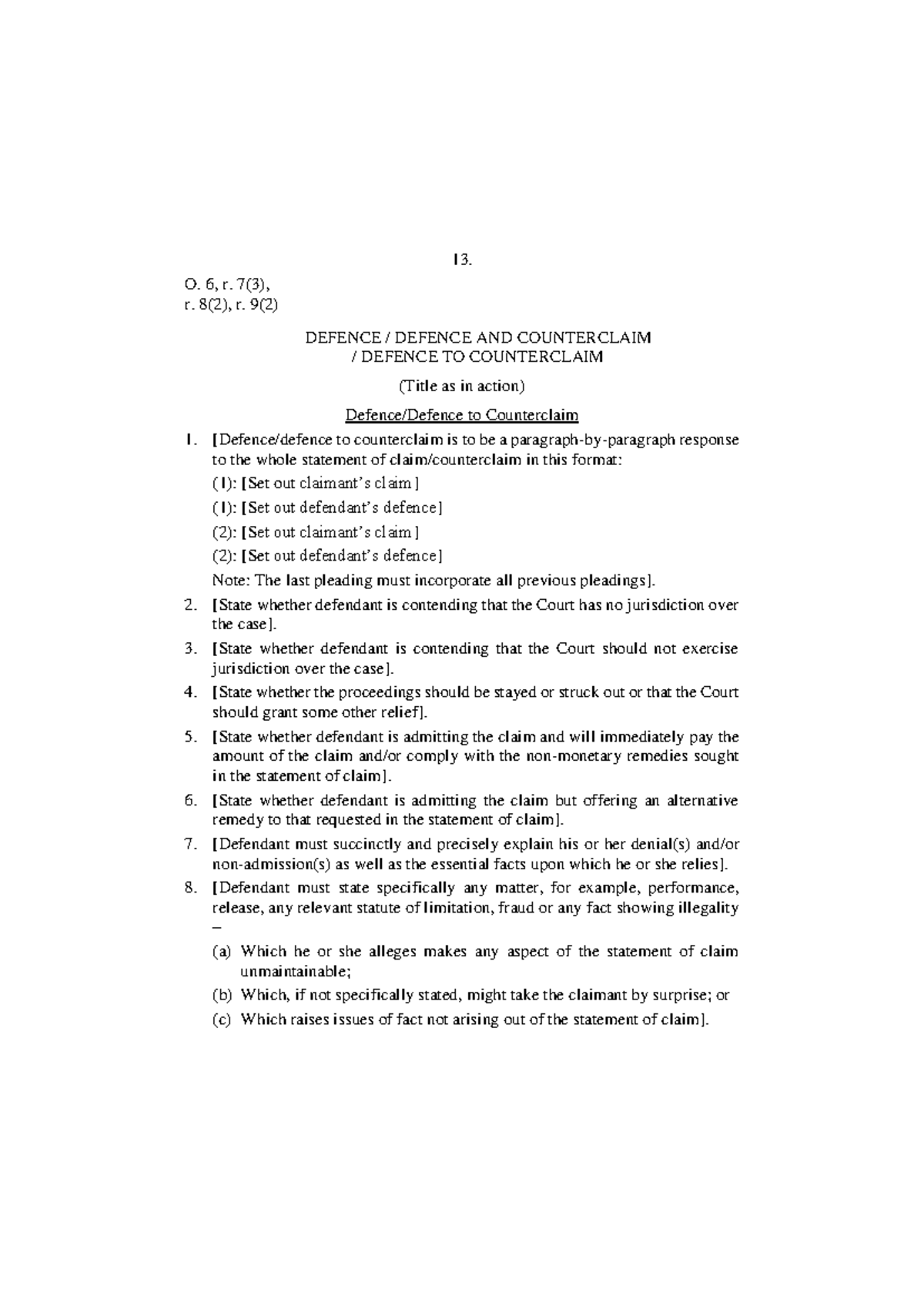 Defence Form 13: Civil Procedure Response Guidelines and Counterclaim ...