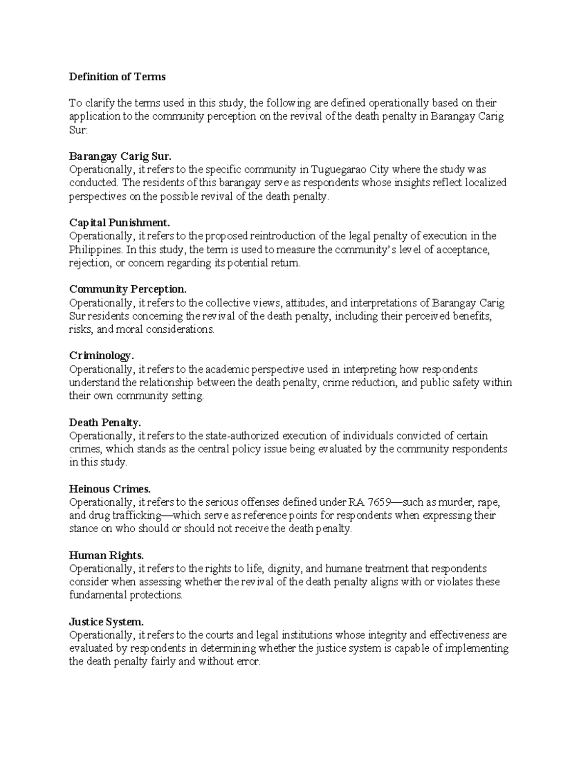 Operational Definitions of Key Terms in Criminology Study on Death ...