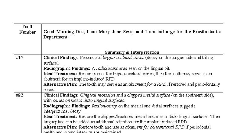 Prosthodontics RPD Treatment Plan: Clinical Findings & Recommendations ...
