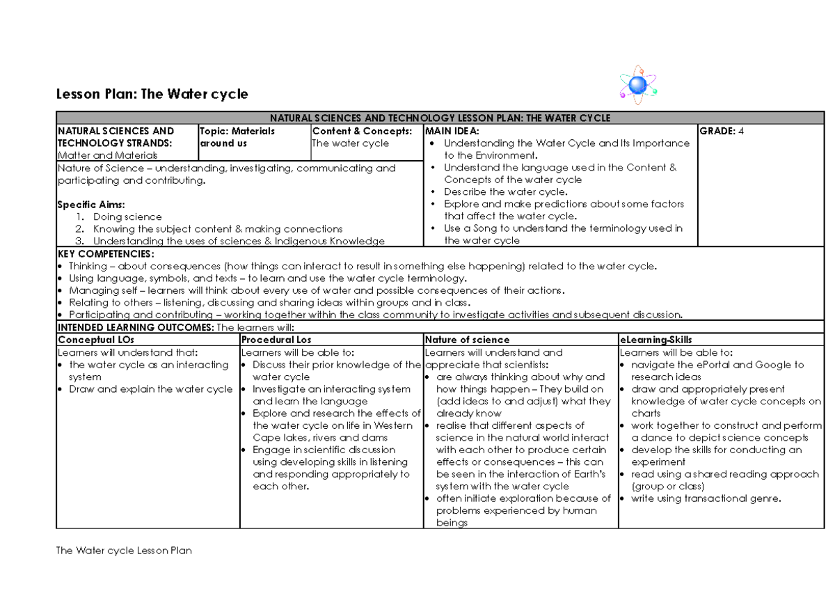 Natural Sciences Lesson Plan: Water Cycle for Grade 4 Students - Studocu