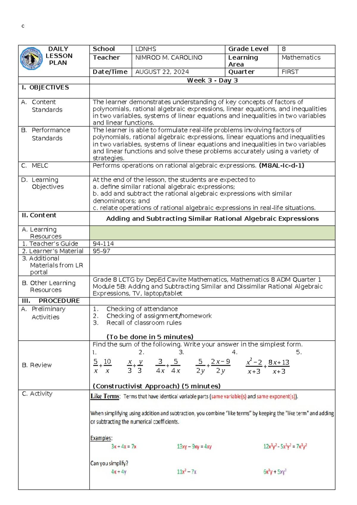 DLP MATH 8 Q1 W3 D3 Adding & Subtracting Similar RAE Lesson Plan - Studocu