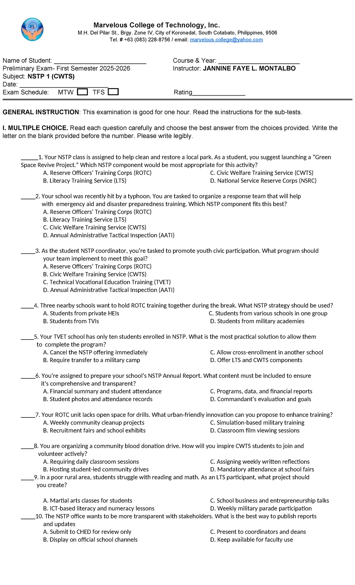 NSTP 1 (CWTS) Preliminary Exam Questions and Answers - Studocu
