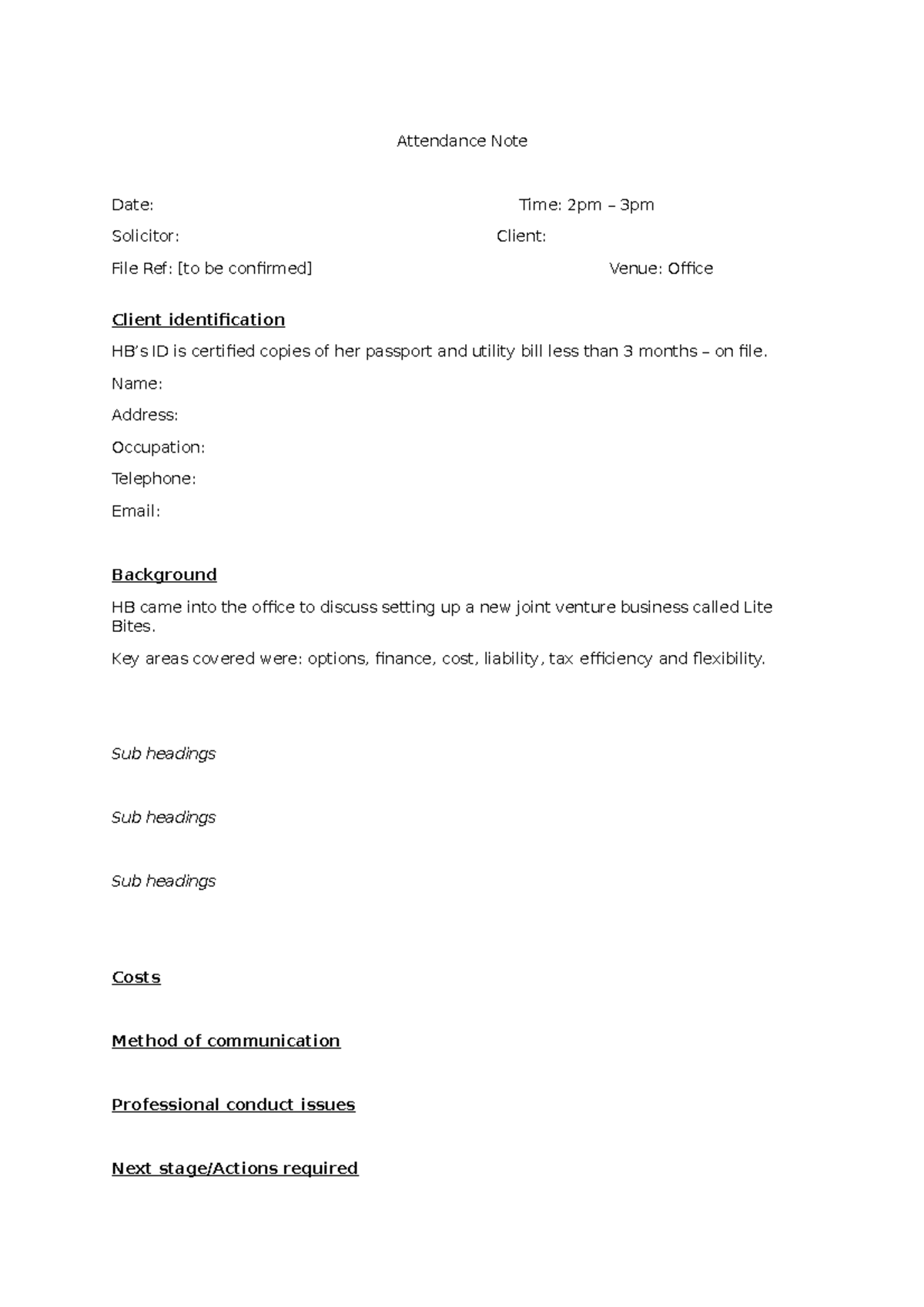 Attendance Note Template - Attendance Note Date: Time: 2pm – 3pm ...