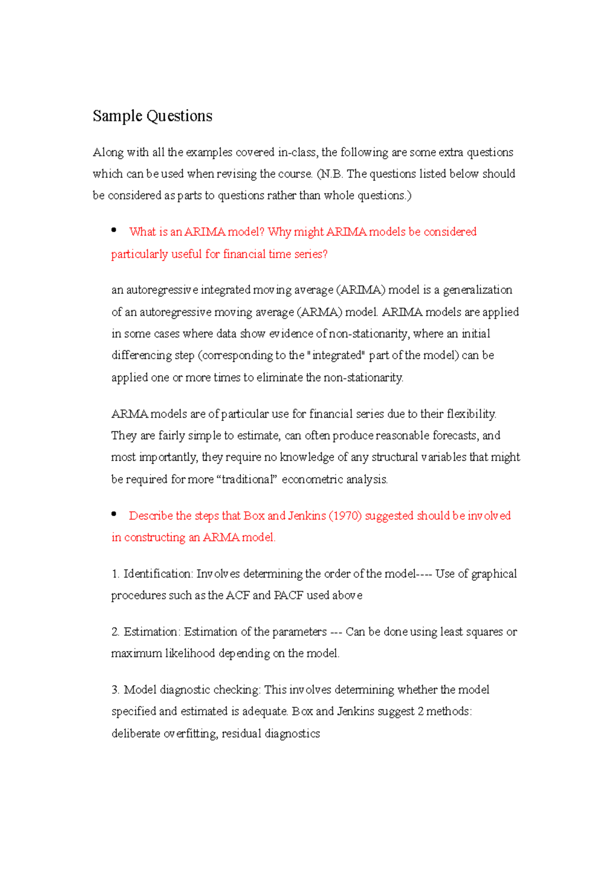 Sample Questions for ARIMA and Financial Time Series Analysis - Studocu