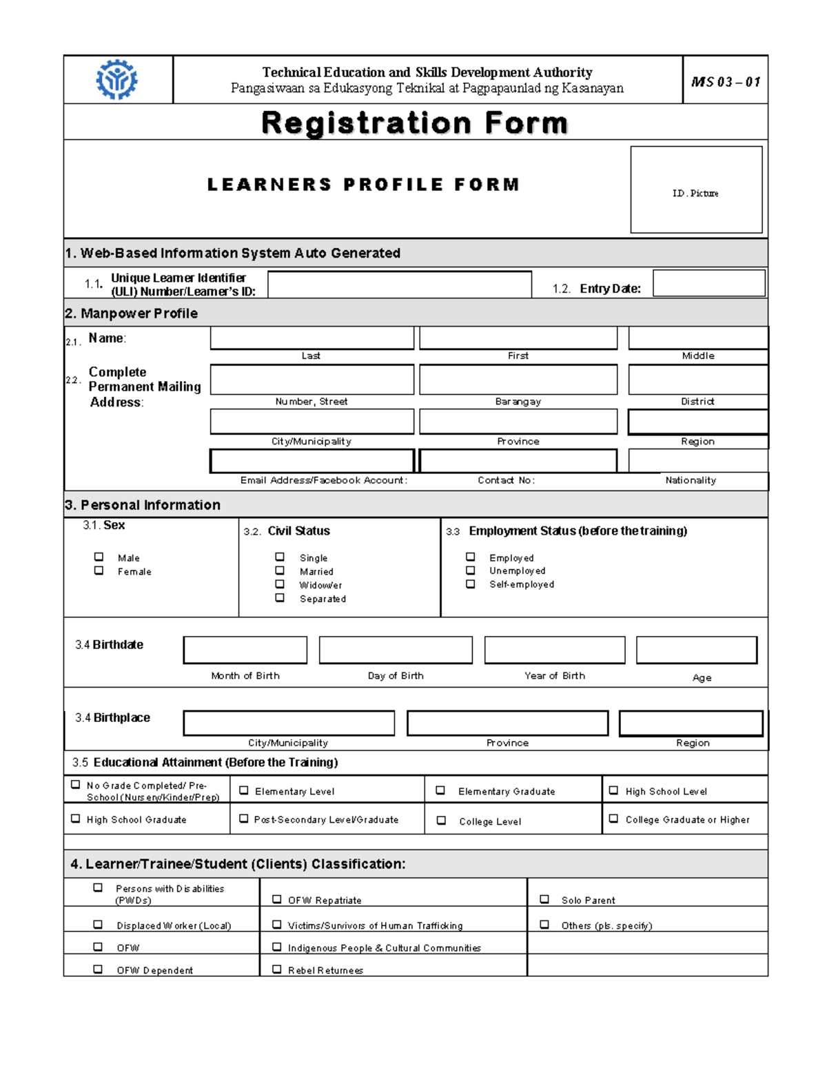 LSI Learners Registration Form - TESDA MIS 03-01 Document - Studocu