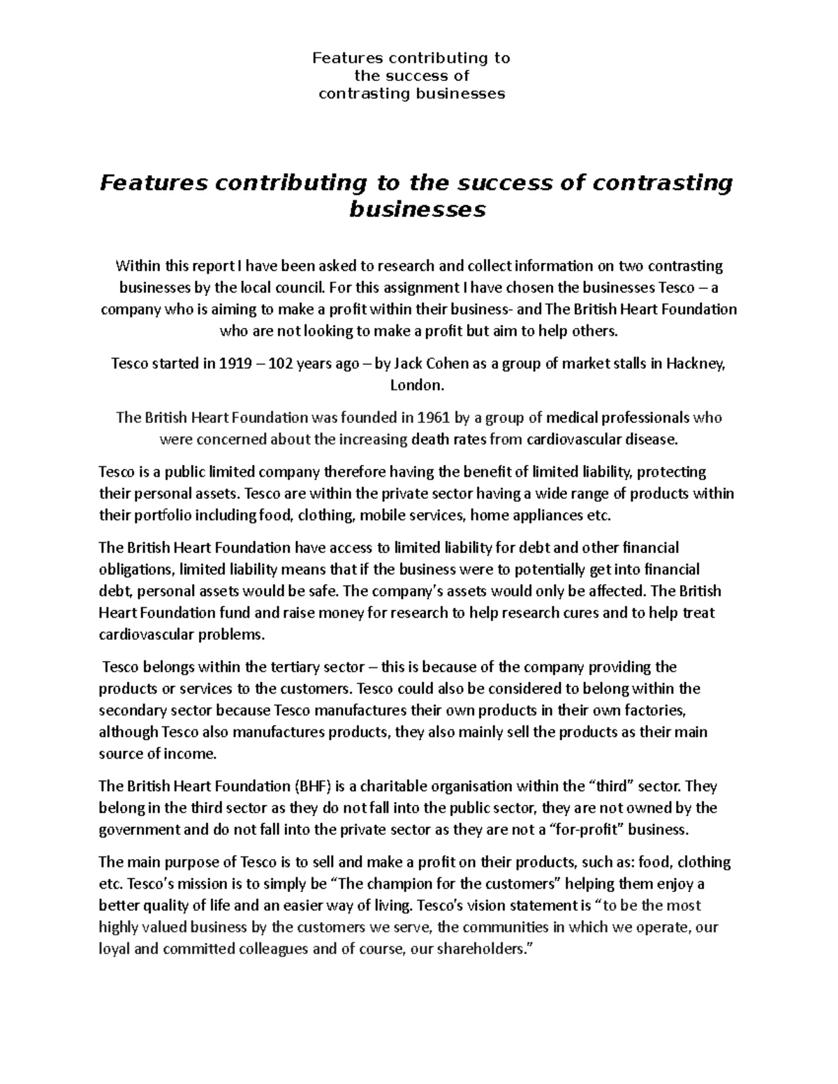 Two Contrasting Businesses Assignment The Success Of Contrasting Businesses Features