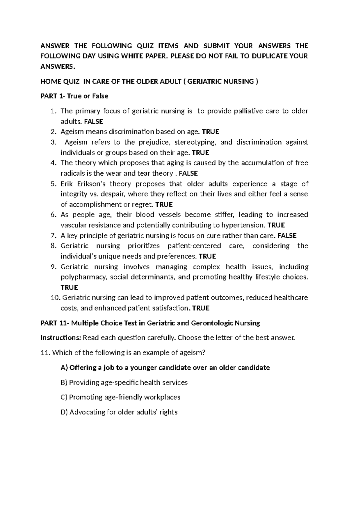 Geriatric Nursing Quiz (092549): True/False & Multiple Choice Questions ...