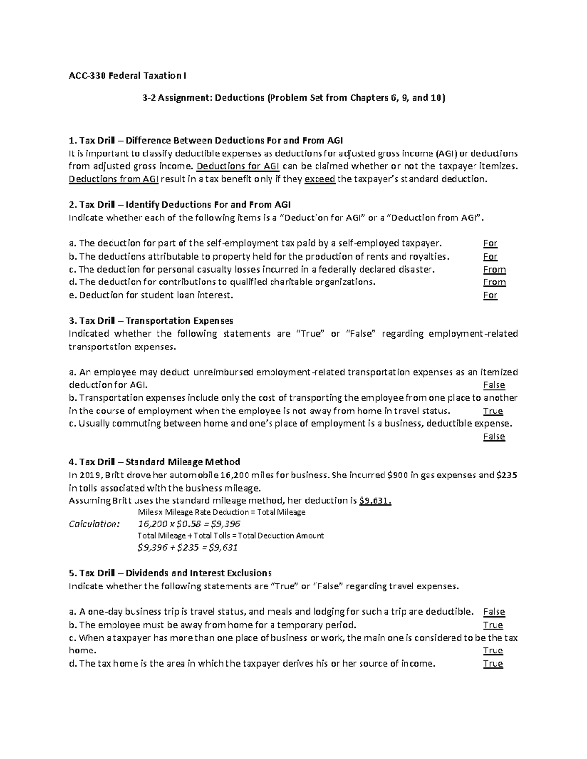 ACC-330 3-2 Assignment: Deductions Problem Set from Chapters 6, 9, and ...