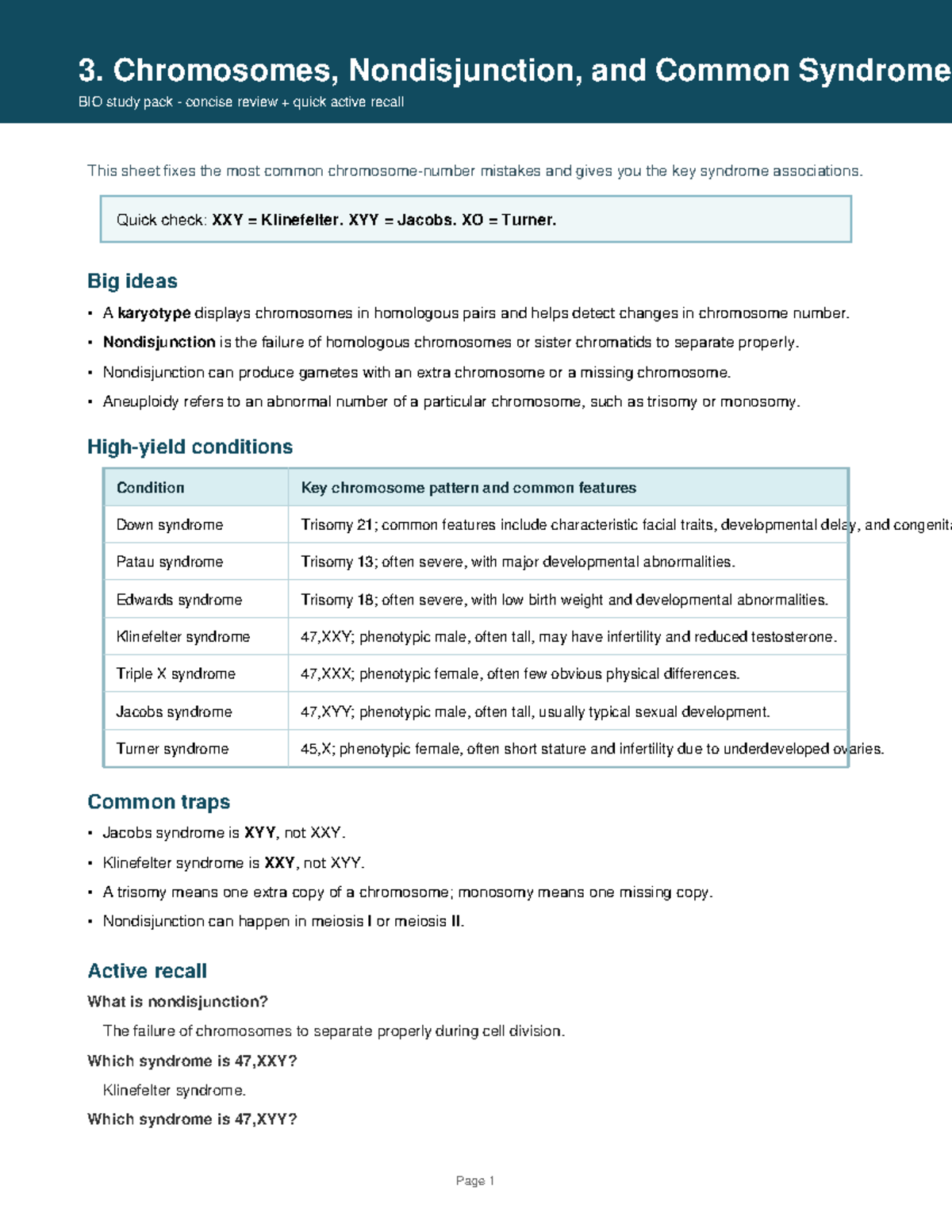 BIO 3: Chromosomes, Nondisjunction & Common Syndromes Study Guide - Studocu