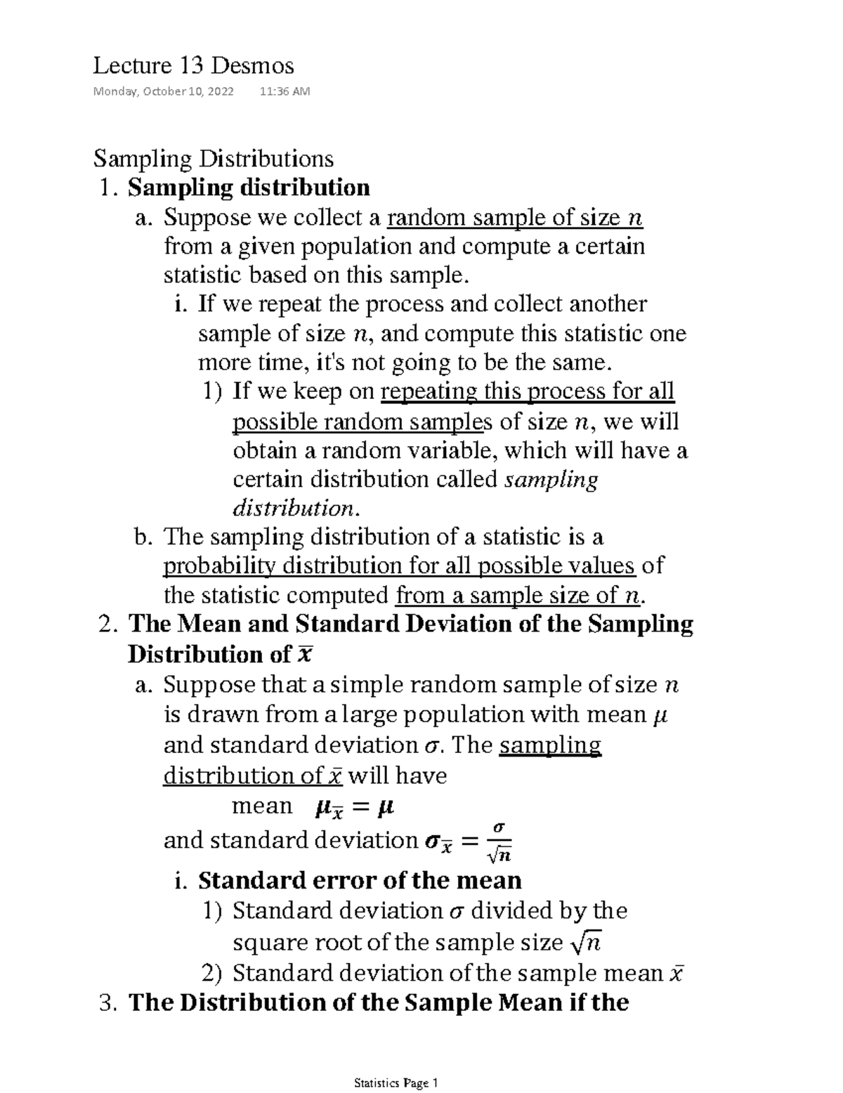 Lecture 13 Desmos - Sampling Distributions Sampling distribution ...