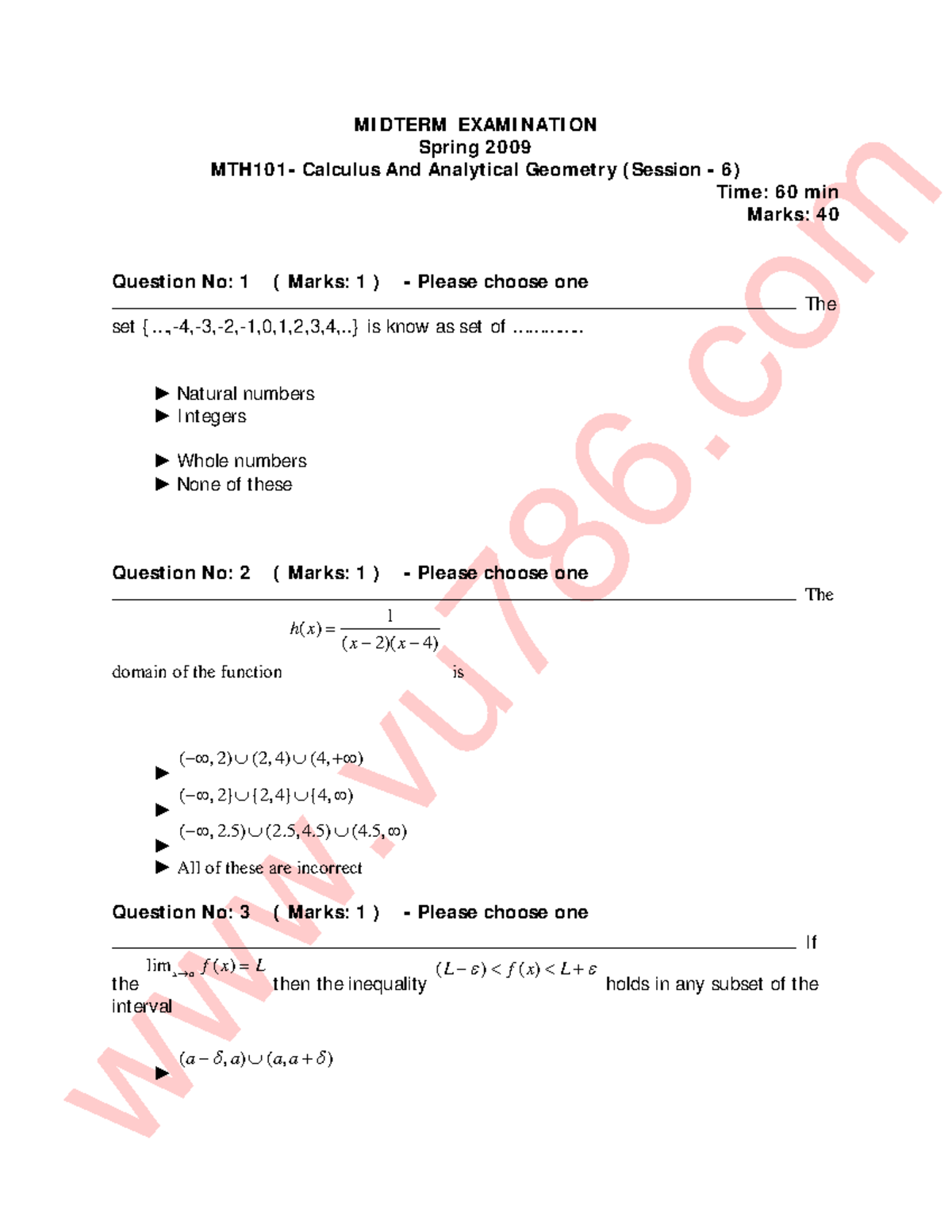 MTH101 Midterm Exam Spring 2009: Calculus & Analytical Geometry - Studocu