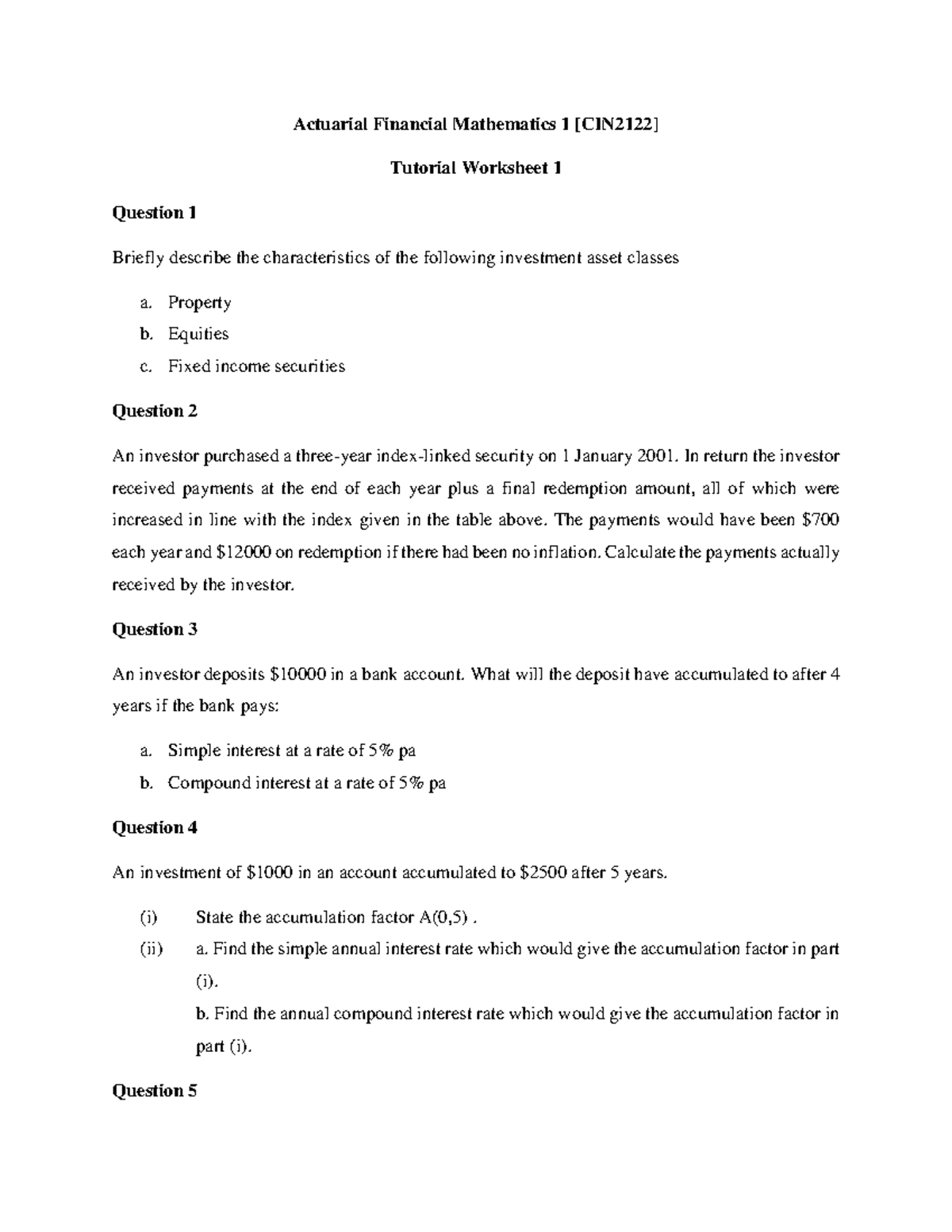 CIN2122 Actuarial Financial Mathematics Tutorial Worksheet 1 - Studocu