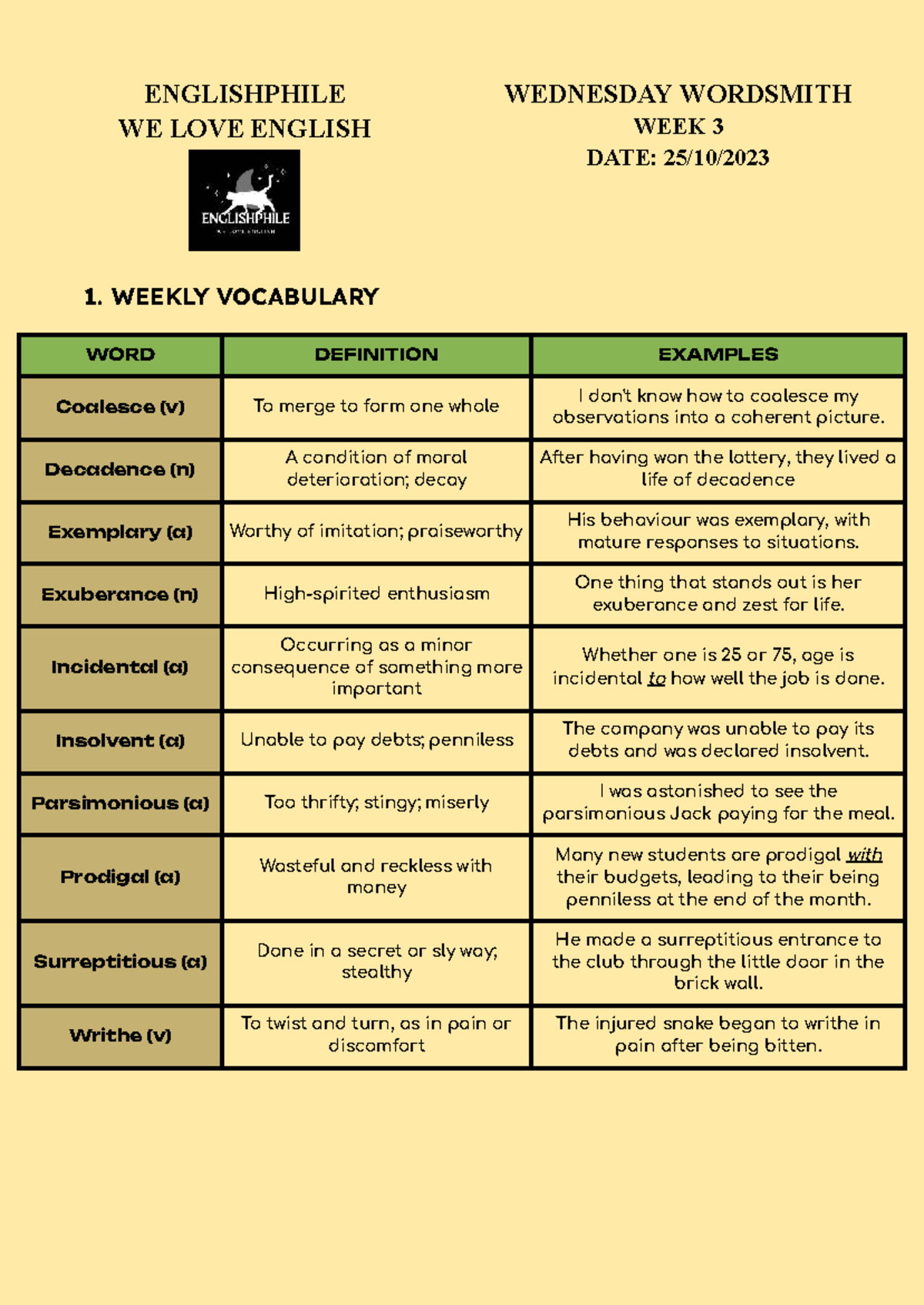 ENGL 101 Weekly Vocabulary - Week 3 Definitions & Examples - Studocu