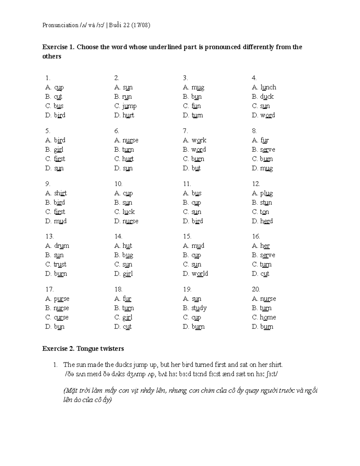 Pronunciation Exercises 22: Differentiating Sounds ʌ and ɜː - Studocu