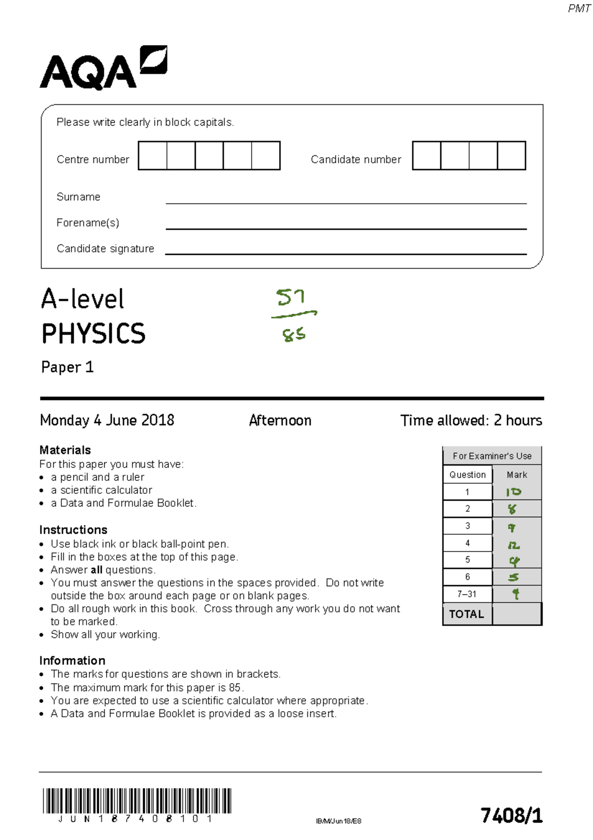 2018 PHYSICS Paper 1 Exam - Comprehensive Review Notes - Studocu
