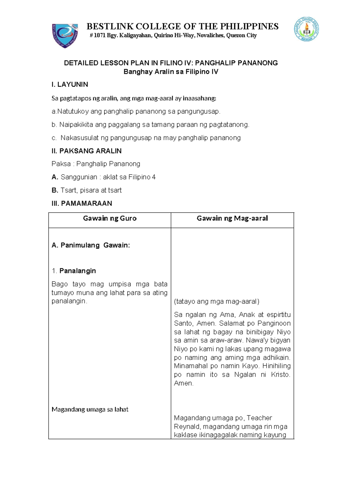DLP: Filipino IV - Detailed Lesson Plan on Panghalip Pananong - Studocu