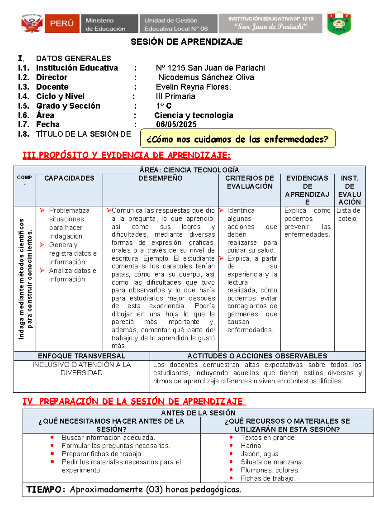 SESION DE APRENDIZAJE I: CUIDADO DE ENFERMEDADES EN CIENCIA Y ...