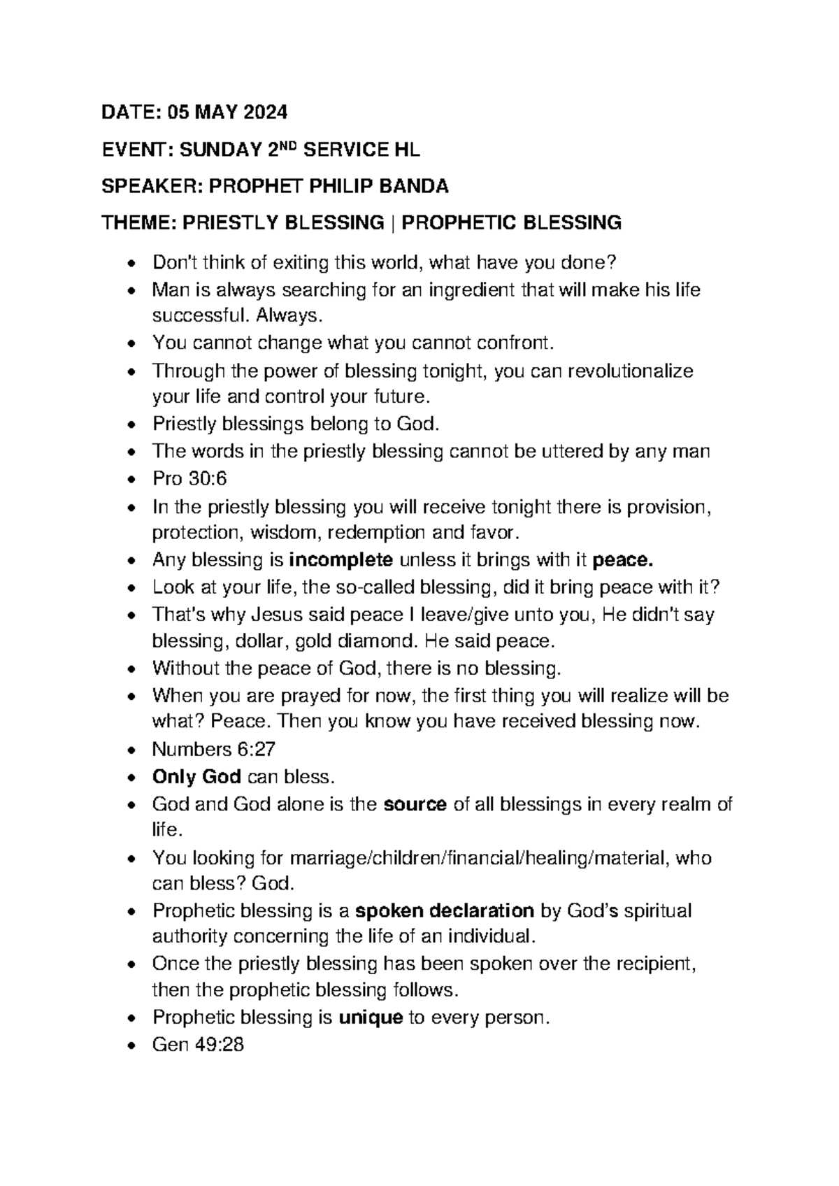 050524 Prophetic & Priestly Blessing by Prophet Philip Banda - Studocu