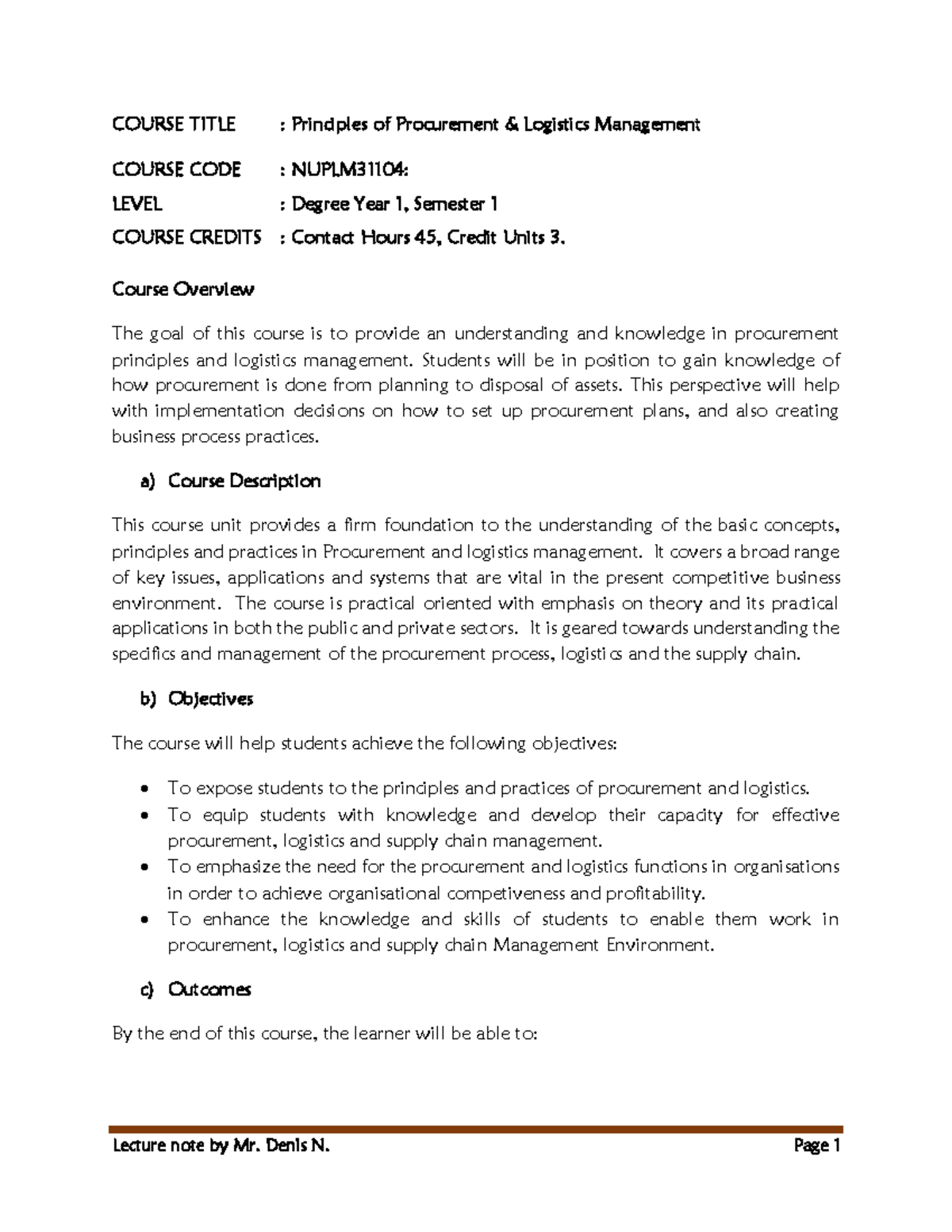 Principles of Procurement Logistics Management (NUPLM31104) - Lecture ...
