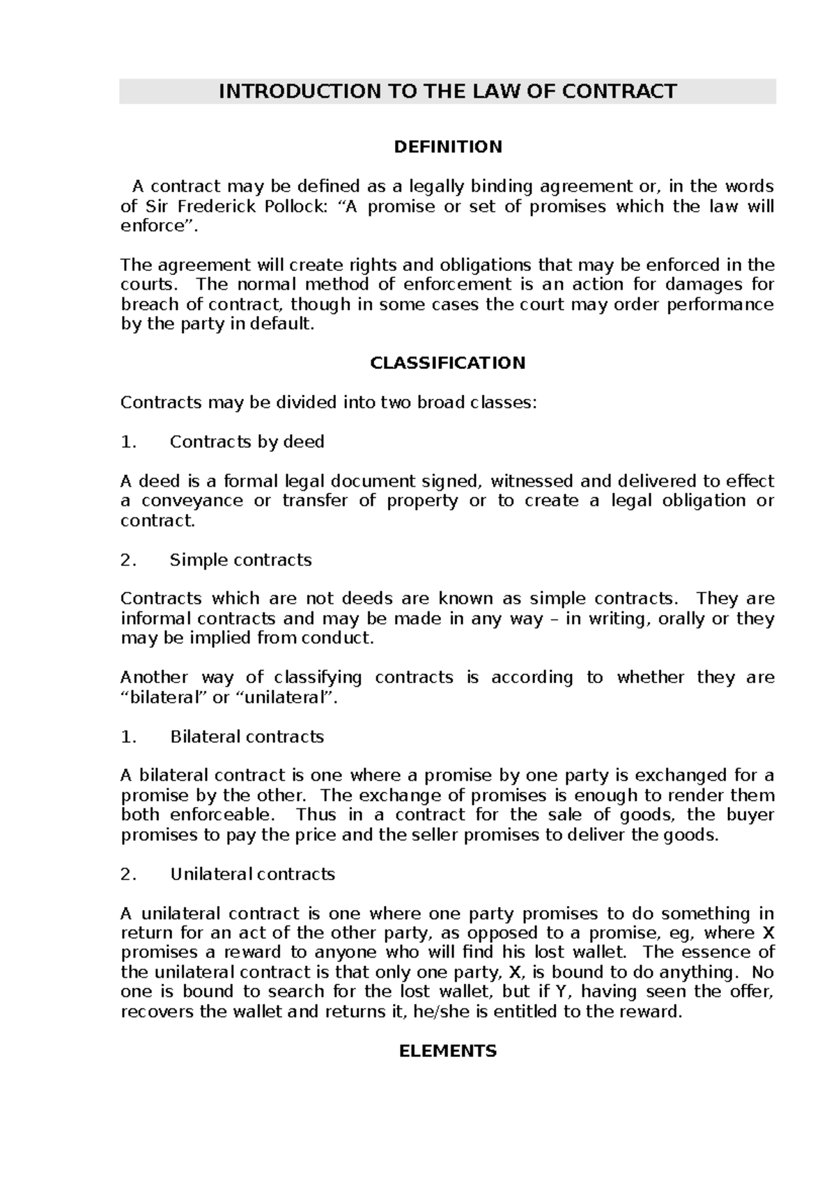 LAW 101: Introduction to Contract Law and Its Key Elements - Studocu