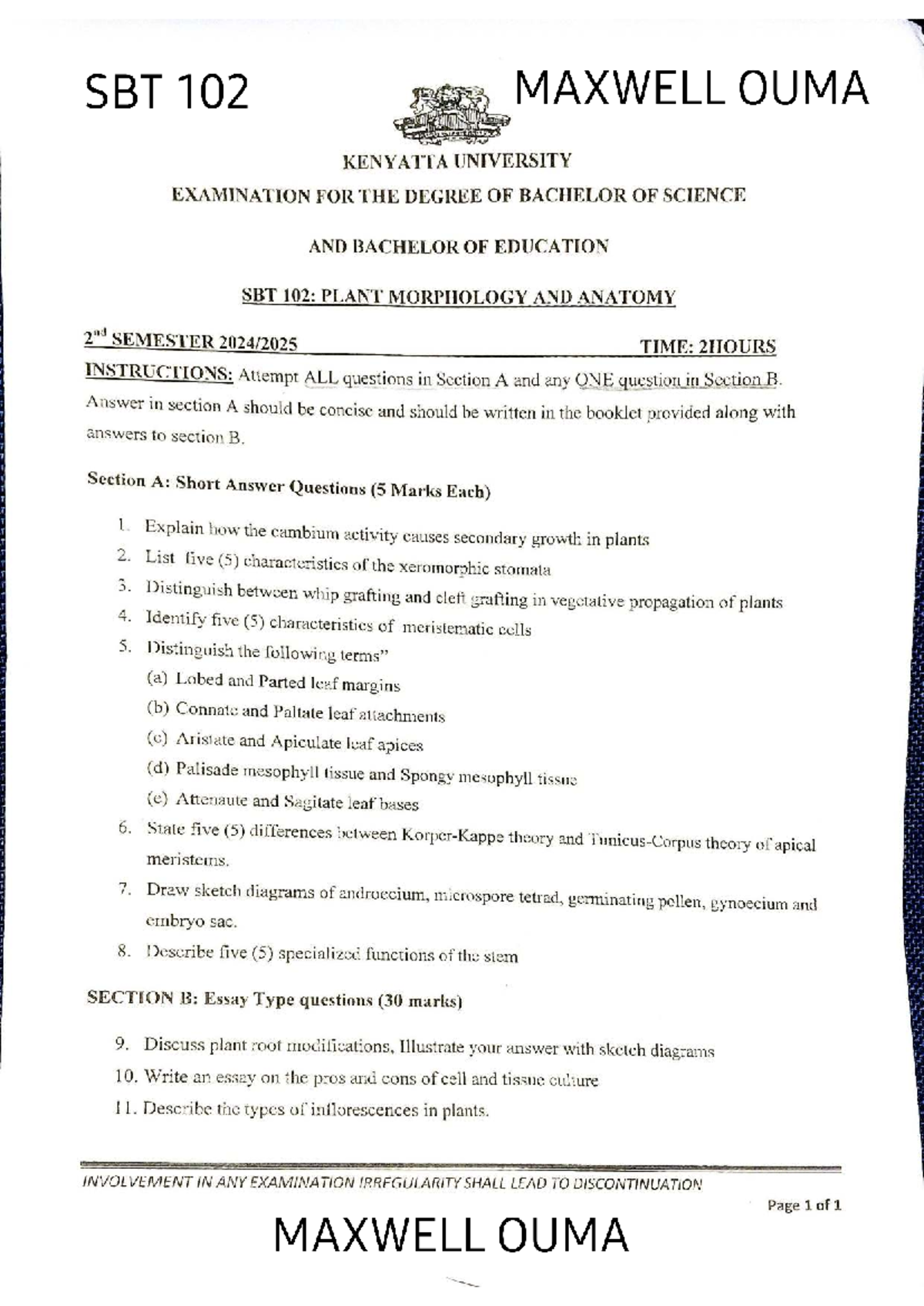 SBT 102 Past Exam Paper: Plant Morphology & Anatomy by Maxwell Ouma ...