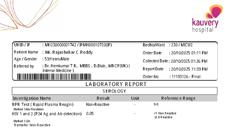 UHID 230 Final Laboratory Report: Serology Results for Mr. Rajashekar C ...