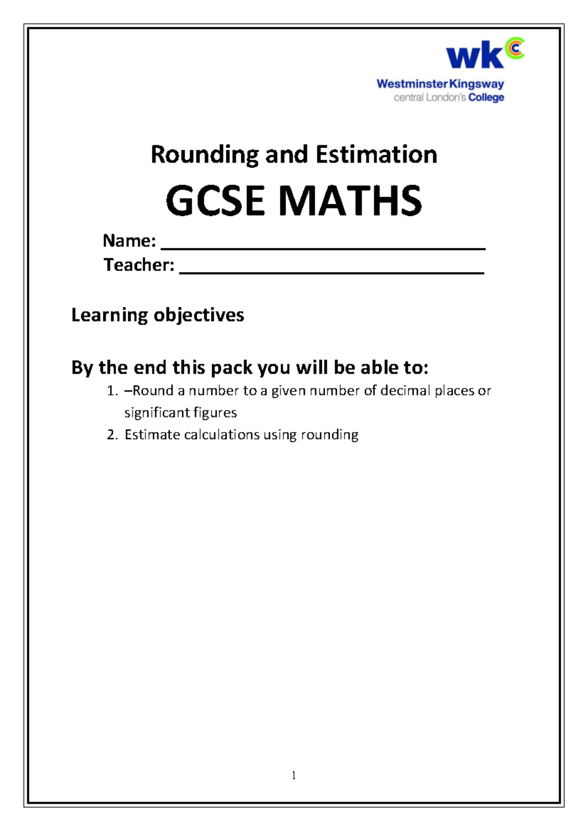 Rounding and Estimation Workpack for GCSE MATHS (591412566) - Studocu