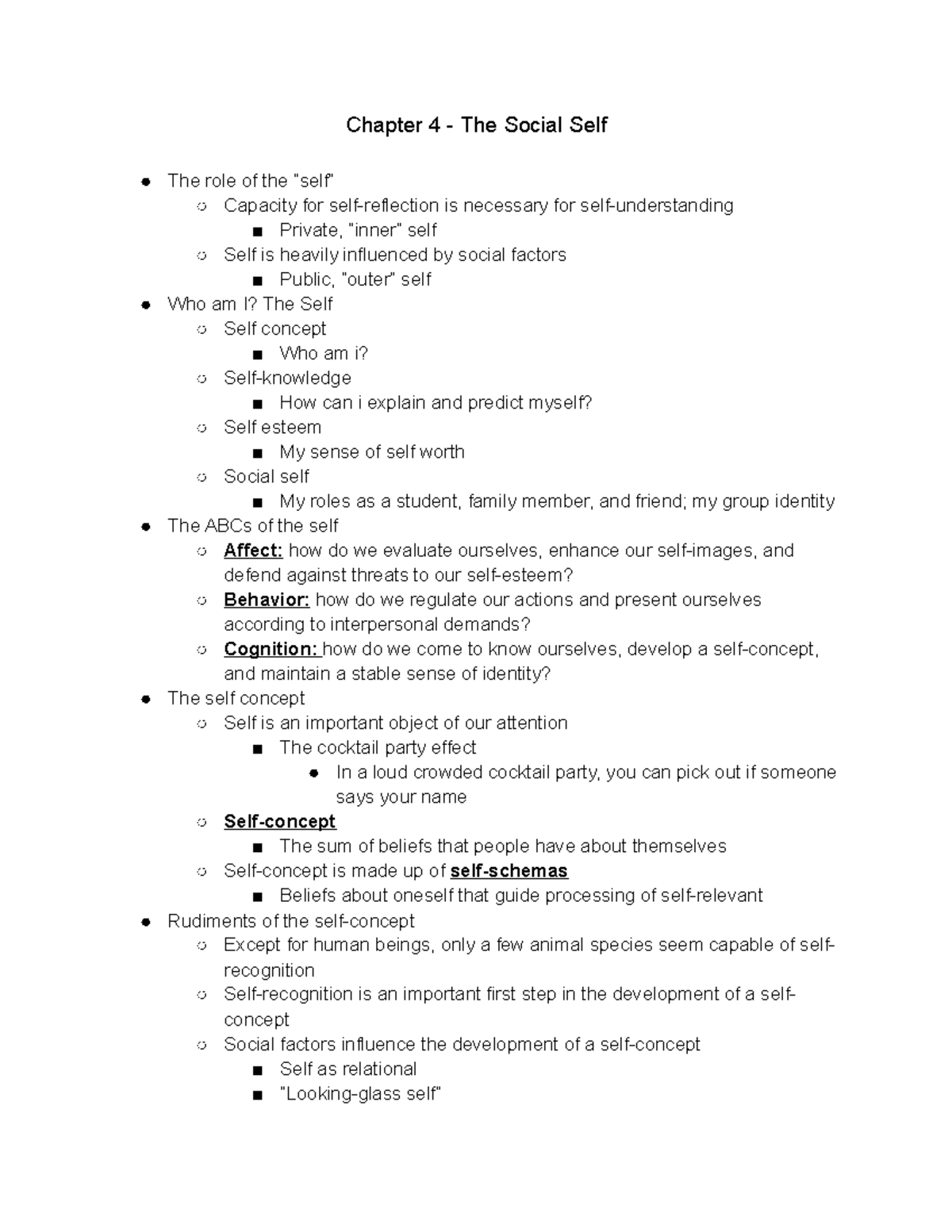 Chapter 4- The Social Self - Chapter 4 - The Social Self The role of ...