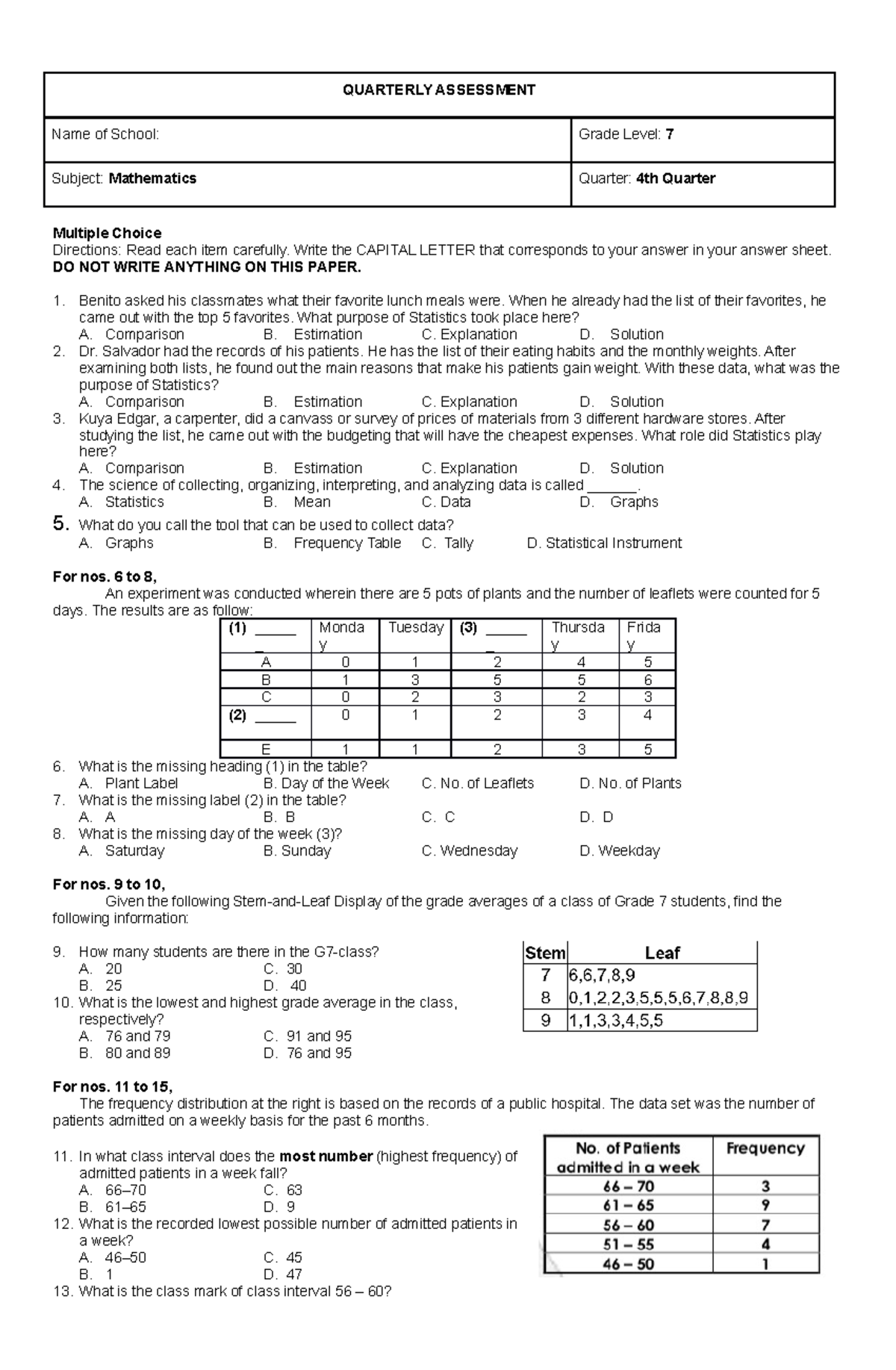 TEST Math7 Q4 - Quarterly Assessment in Mathematics for Grade 7 - Studocu