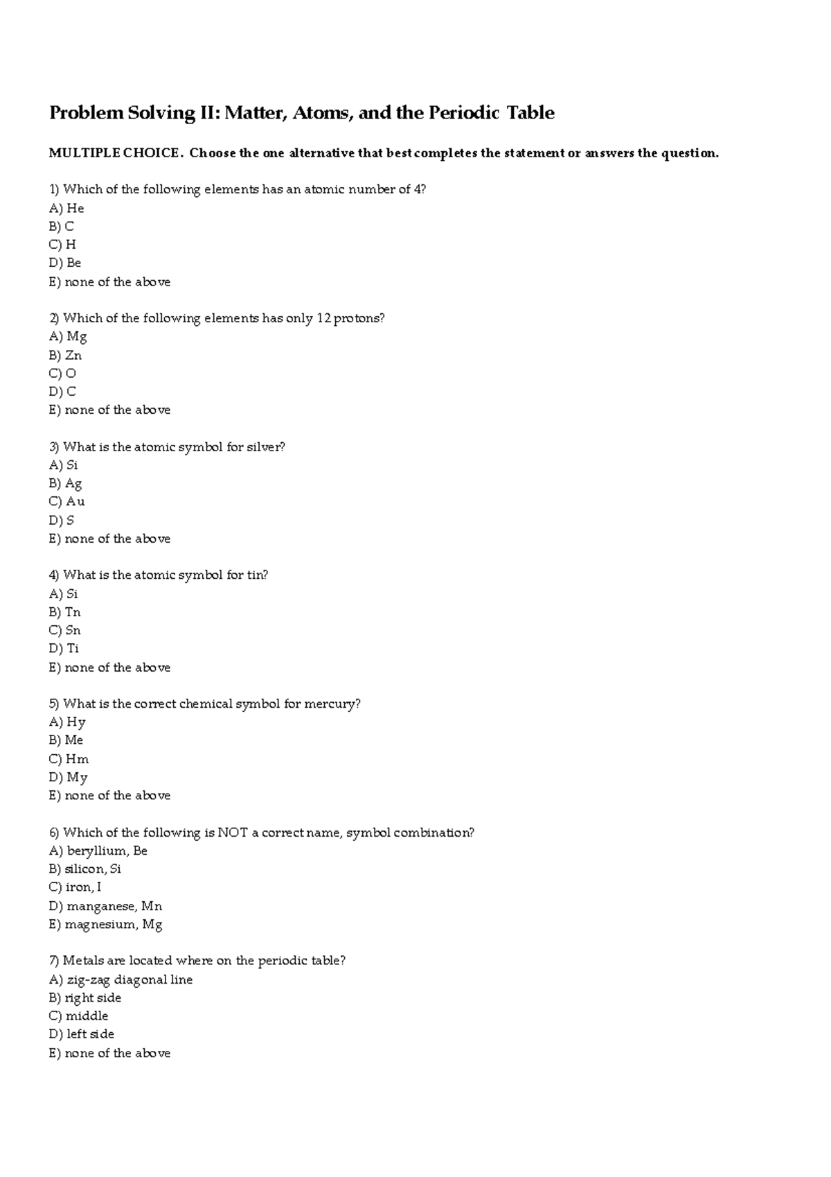 PSII: Multiple Choice Questions on Matter, Atoms, and the Periodic ...