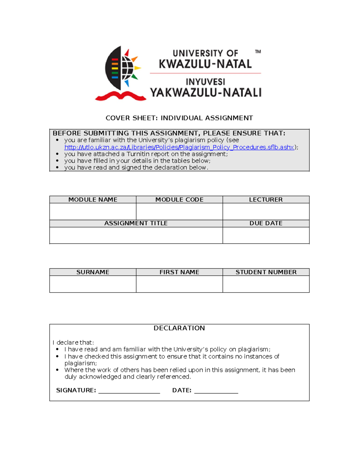 Cover Page for Individual Assignment Declaration - MOD CODE & Details ...