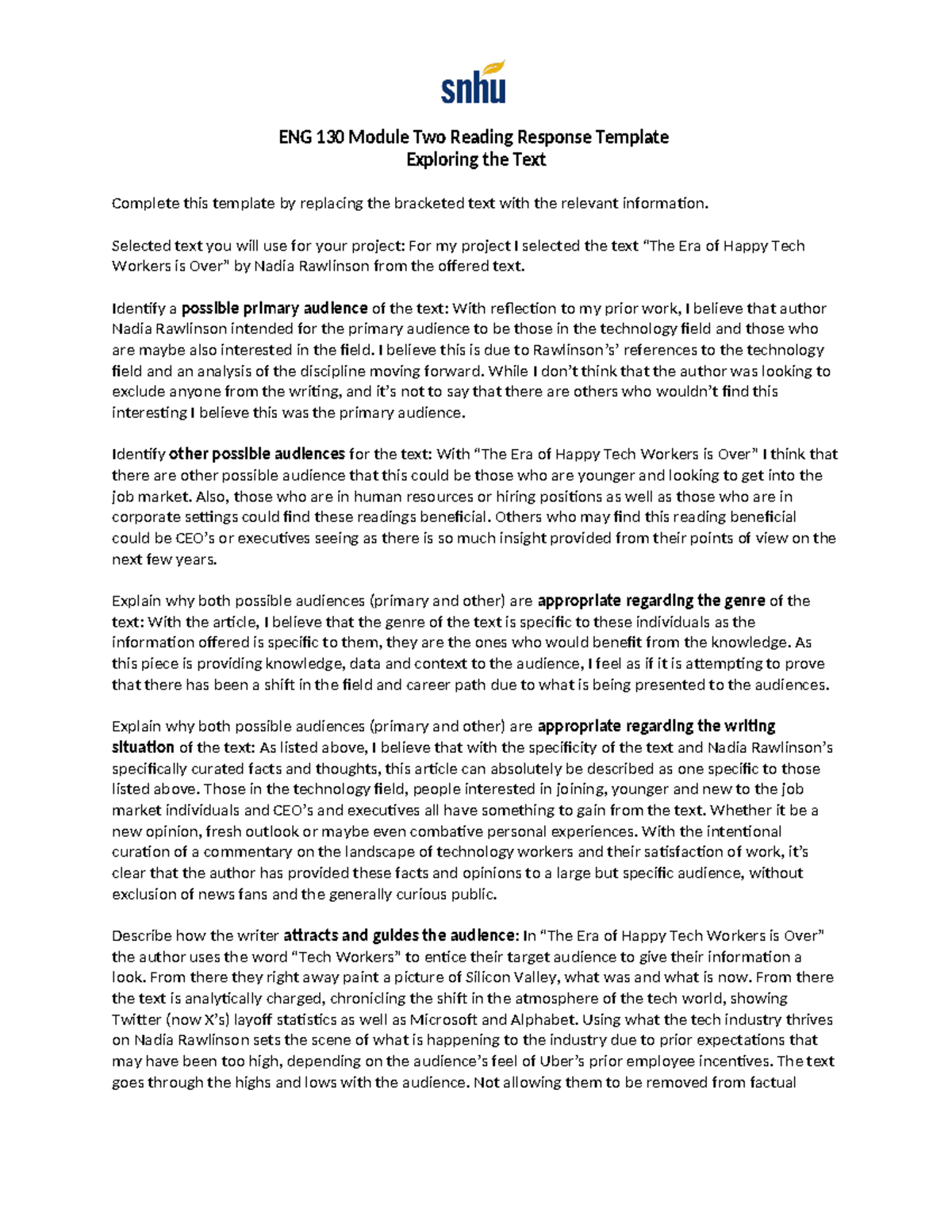 ENG 130 Module 2 Reading Response: Analyzing Tech Worker Insights - Studocu
