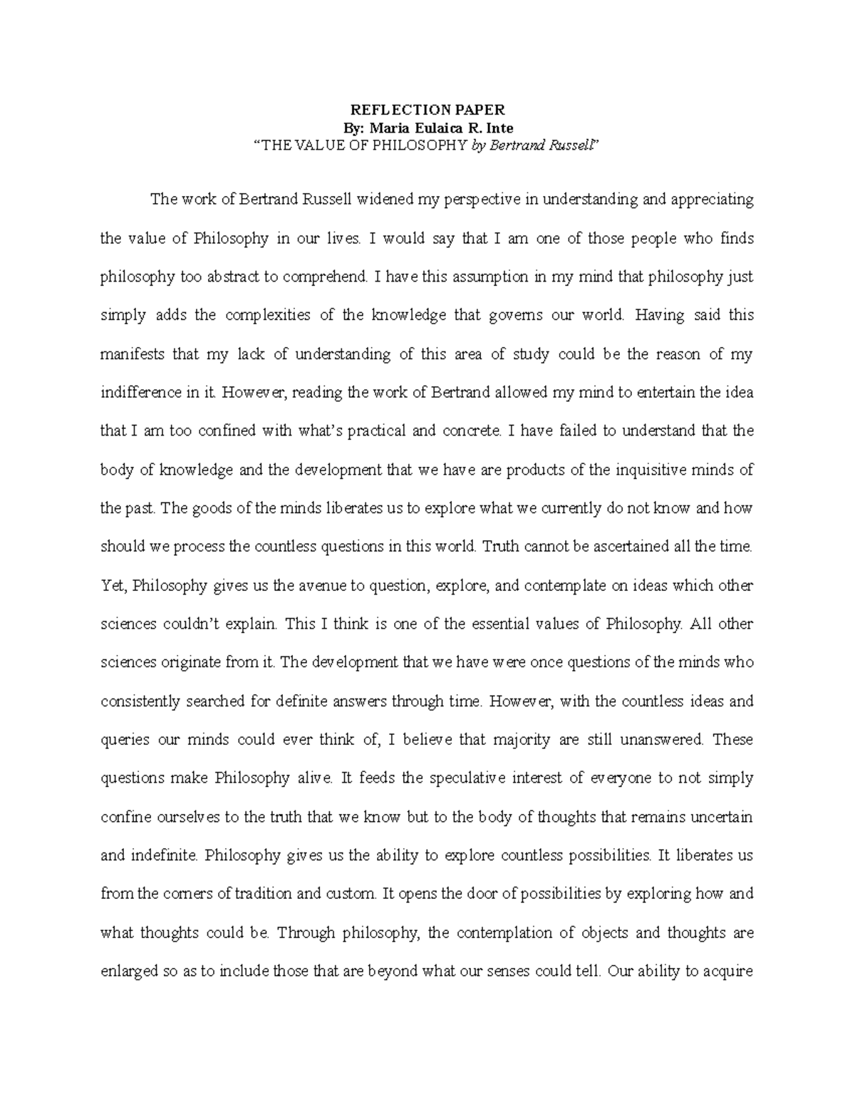 Reflection Paper on Bertrand Russell's "The Value of Philosophy" - Studocu