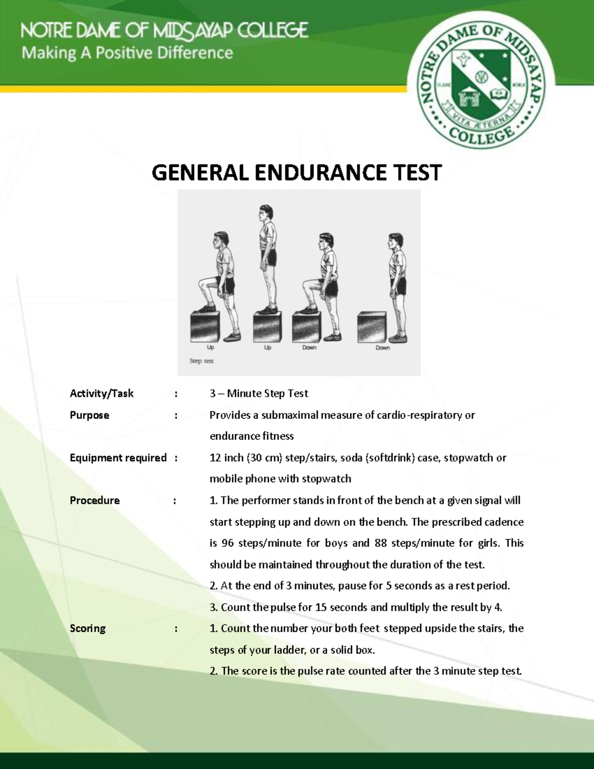 3-Minute Step Test Guide - GLUAN PERRY Endurance Assessment - Studocu