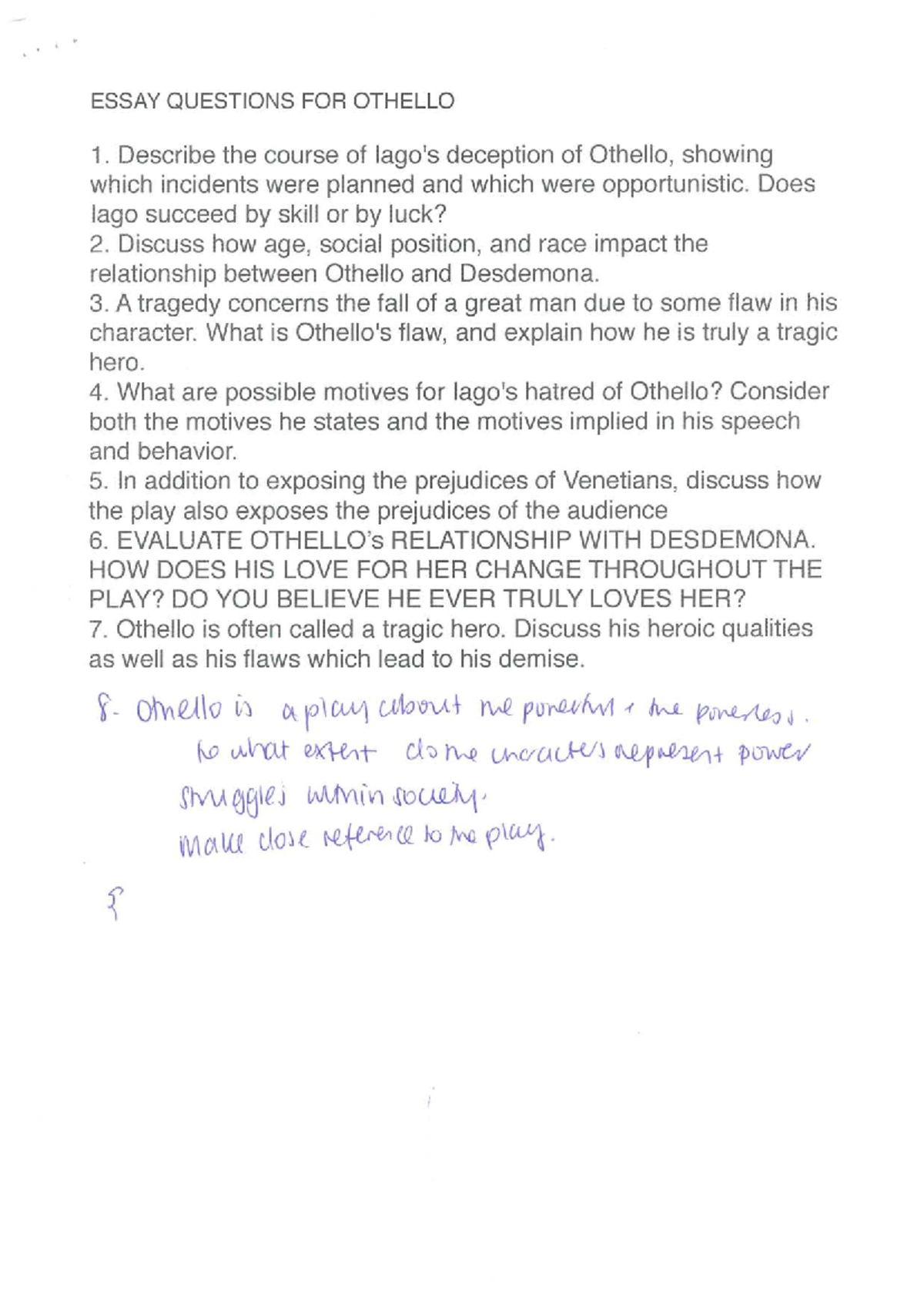 Othello Essay Questions: Analyzing Deception, Relationships, and ...