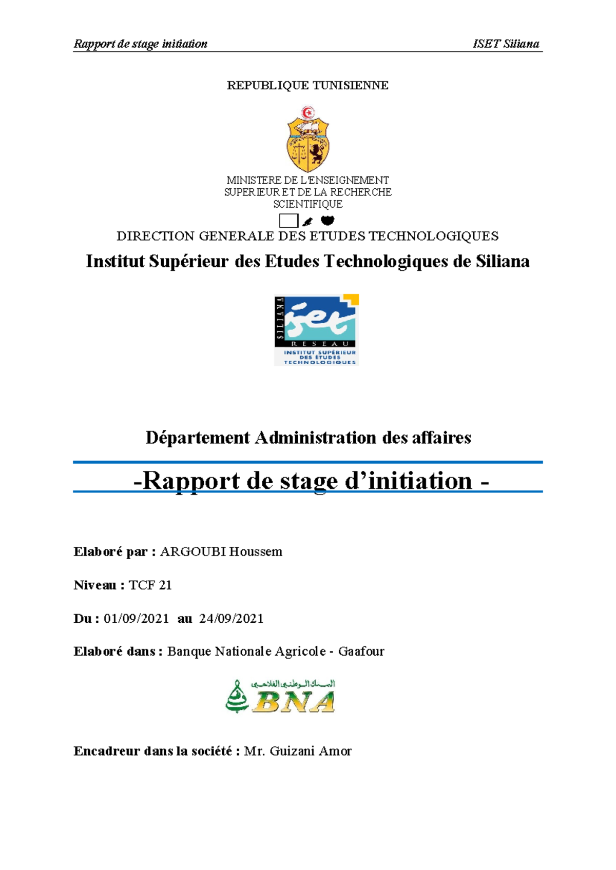 Rapport de Stage d’Initiation - ISET Siliana - TCF 21 - 2020/2021 - Studocu