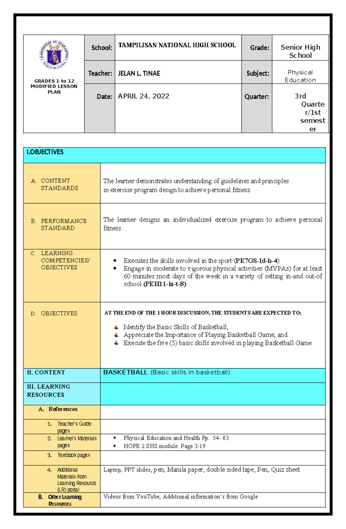 SHS PE Lesson Plan: Basic Basketball Skills for Grade 11 - Studocu