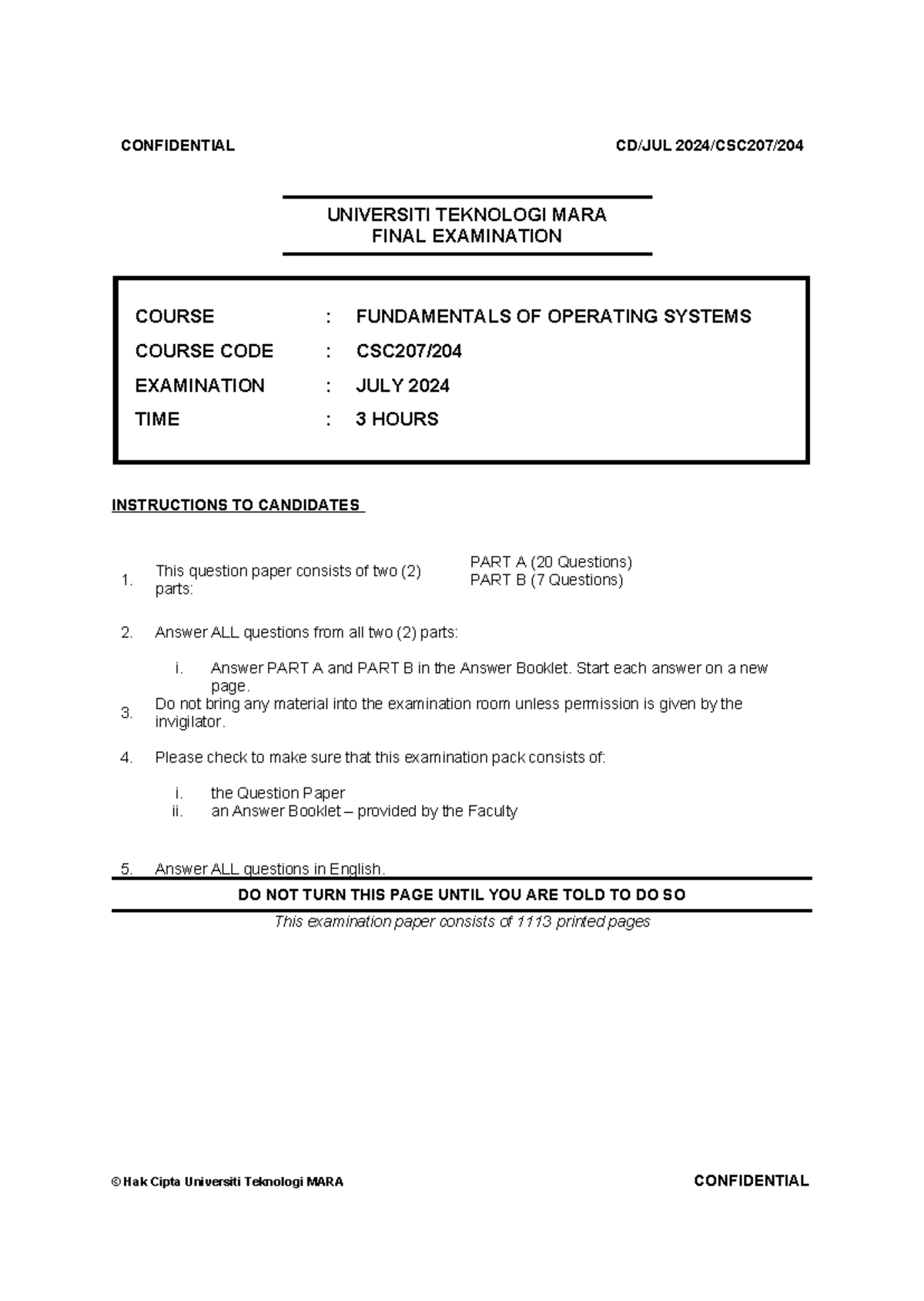 Final Exam: Fundamentals of Operating Systems (CSC207) - July 2024 ...