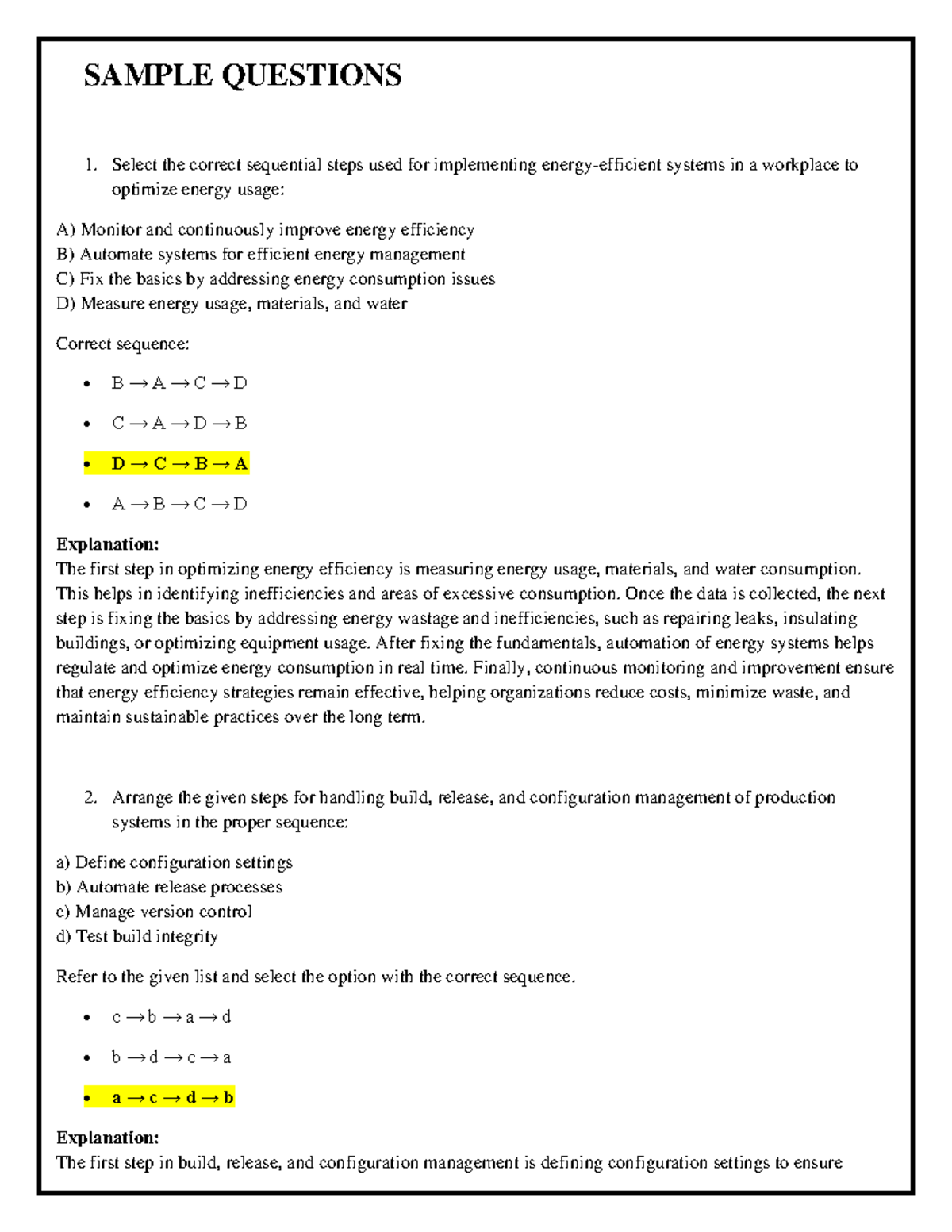 Dev Ops Study Material - SAMPLE QUESTIONS Select the correct sequential ...