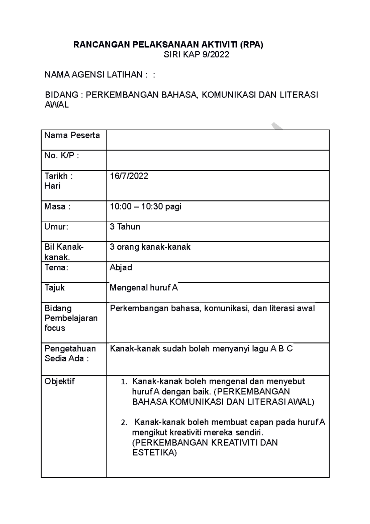 RPA BKLA - Aktiviti Mengenal Huruf A untuk Kanak-Kanak 3 Tahun - Studocu