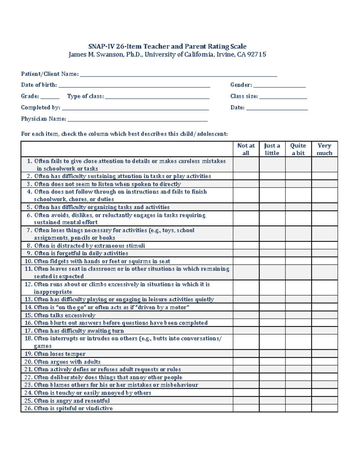 Scoring for SNAP IV Guide 26-item - SNAP-IV 26-Item Teacher and Parent Rating Scale James M ...