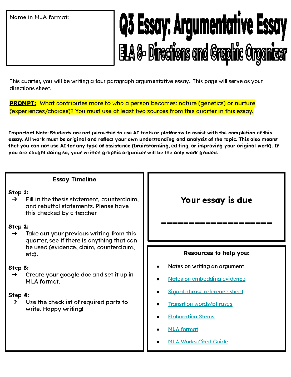VP Q3 Argumentative Essay Directions & Graphic Organizer (ELA 8) - Studocu