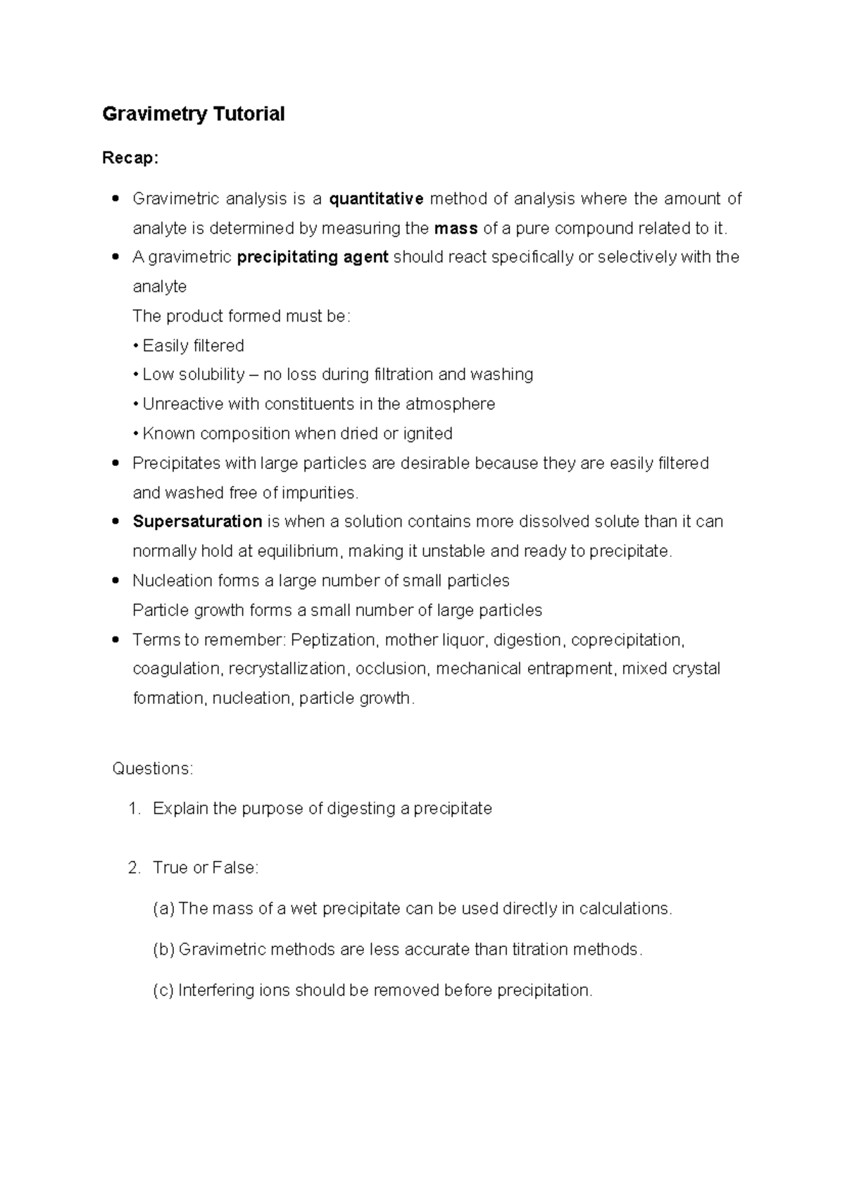 Gravimetry Tutorial Recap: Key Concepts and Terms Explained - Studocu