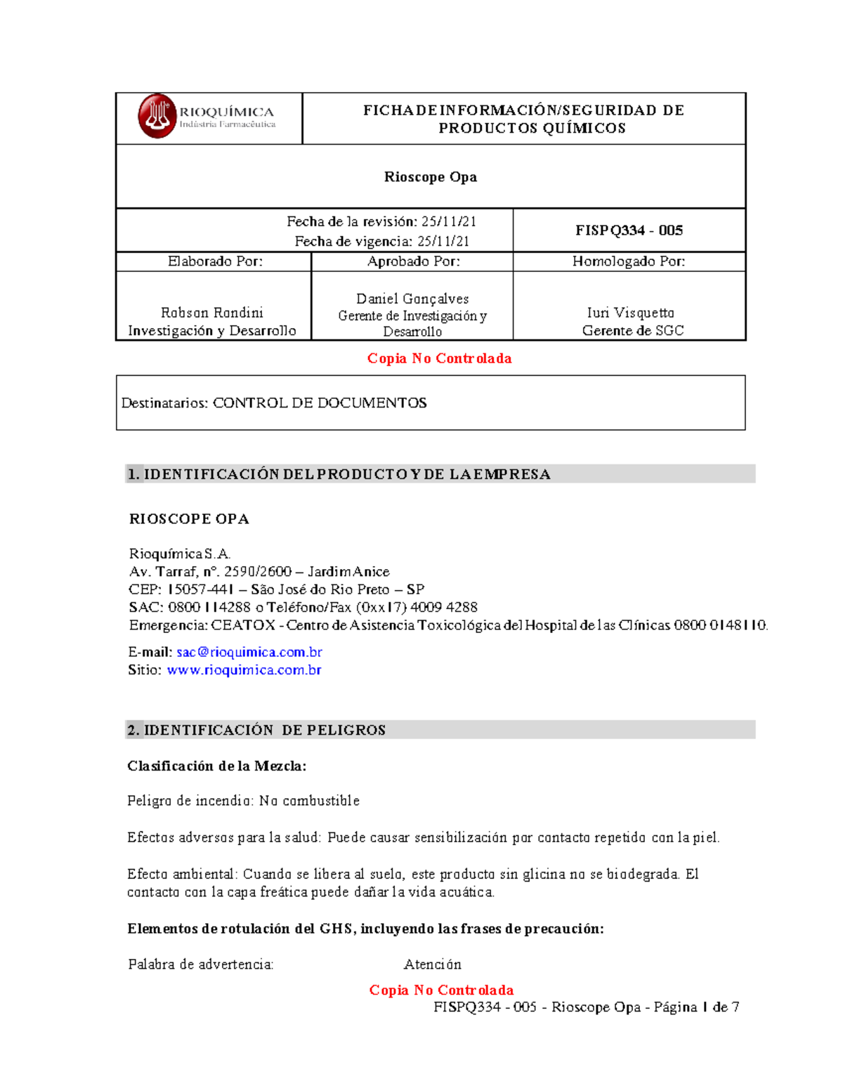 Ficha de Seguridad - Rioscope Opa (FISPQ334 - 00 5LT) - Studocu