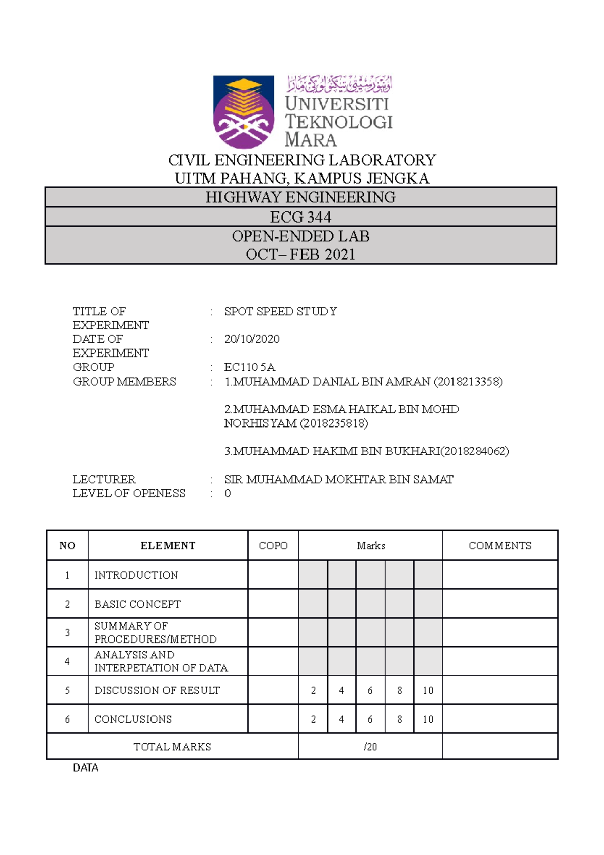 Spot Speed Study Report - ECG 344 Lab 1 - Studocu