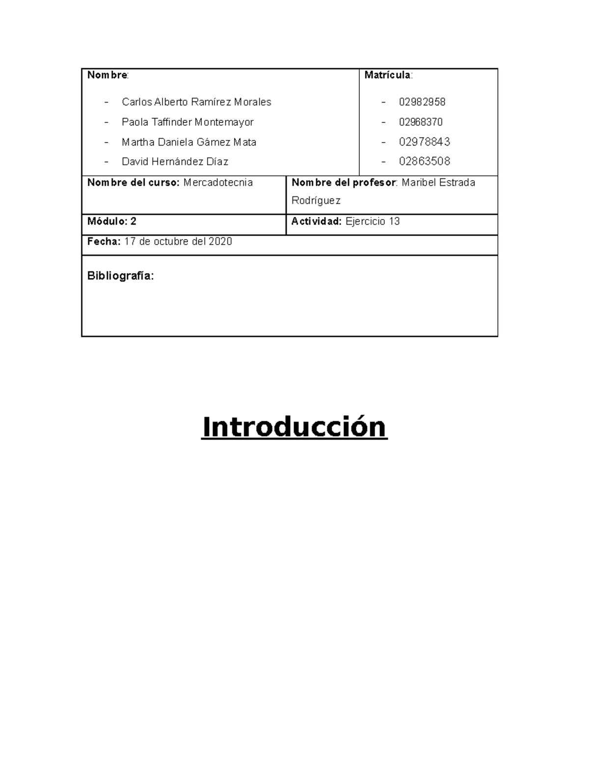 Act 13 Merca - tarea tecmilenio si - Nombre : Carlos Alberto Ramírez ...